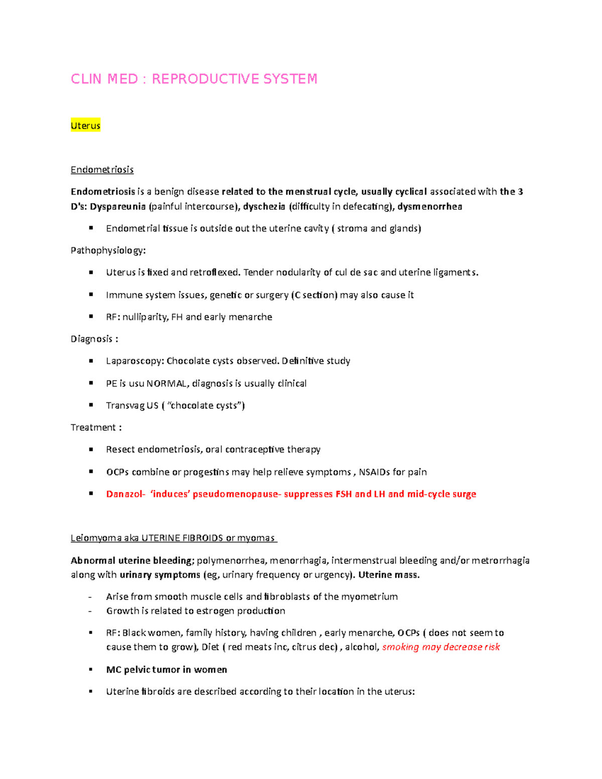 Long notes - CLIN MED : REPRODUCTIVE SYSTEM Uterus Endometriosis ...