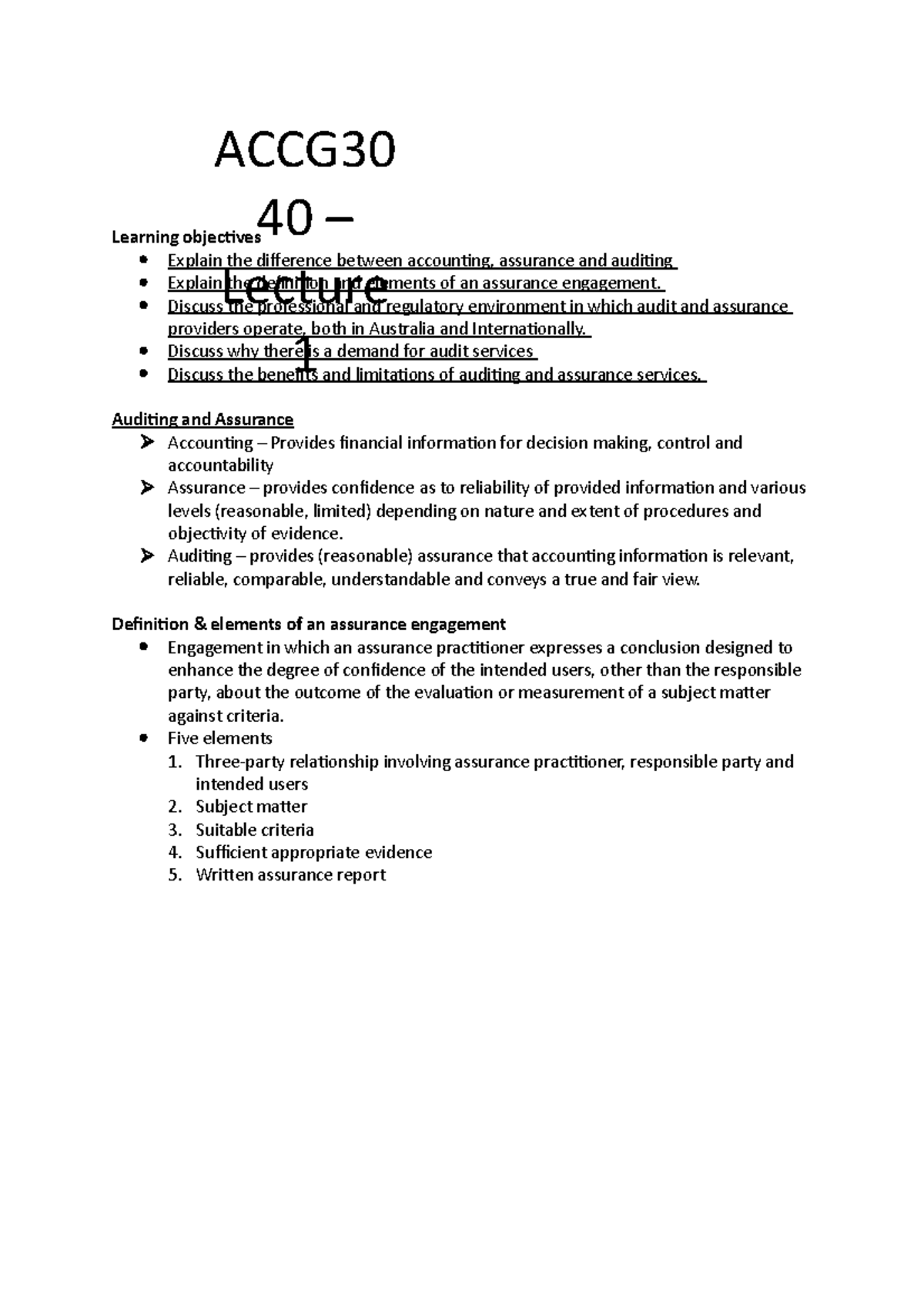 ACCG3040 - Lecture 1 - Learning objectives Explain the difference ...