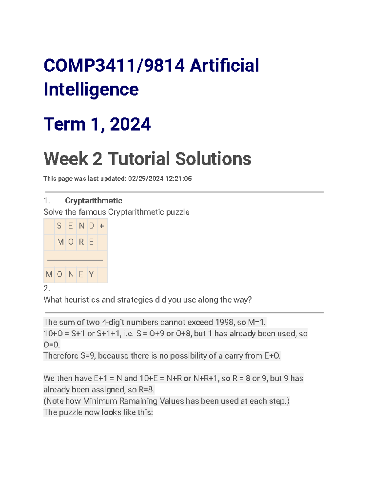 Week 2 answers - COMP3411/9814 Artificial Intelligence Term 1, 2024 Week 2 Tutorial Solutions ...