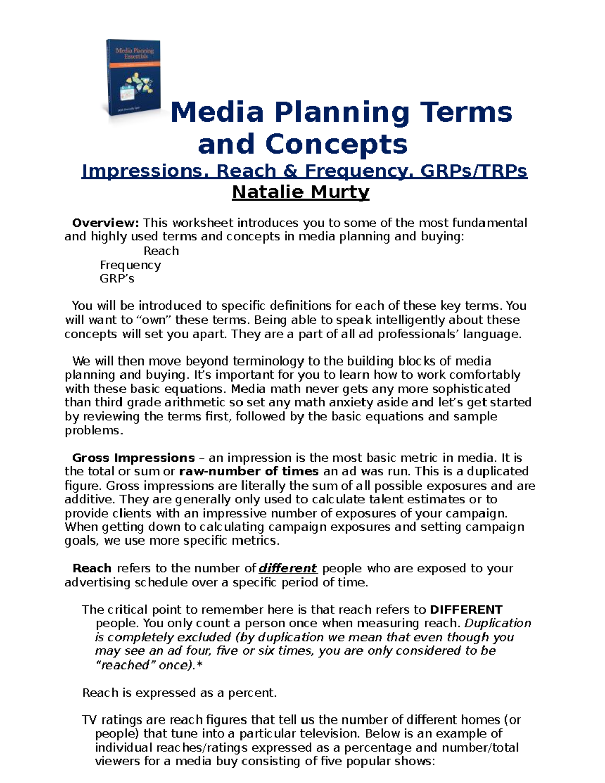 Media Metrics Worksheet 1 - Media Planning Terms and Concepts ...