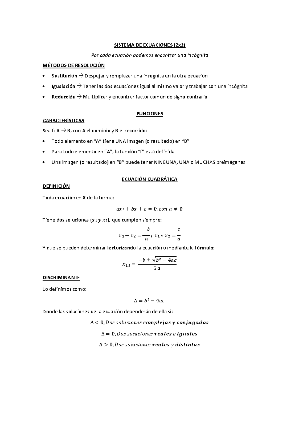 Algebra - Resumen Álgebra - SISTEMA DE ECUACIONES (2x2) Por cada ...