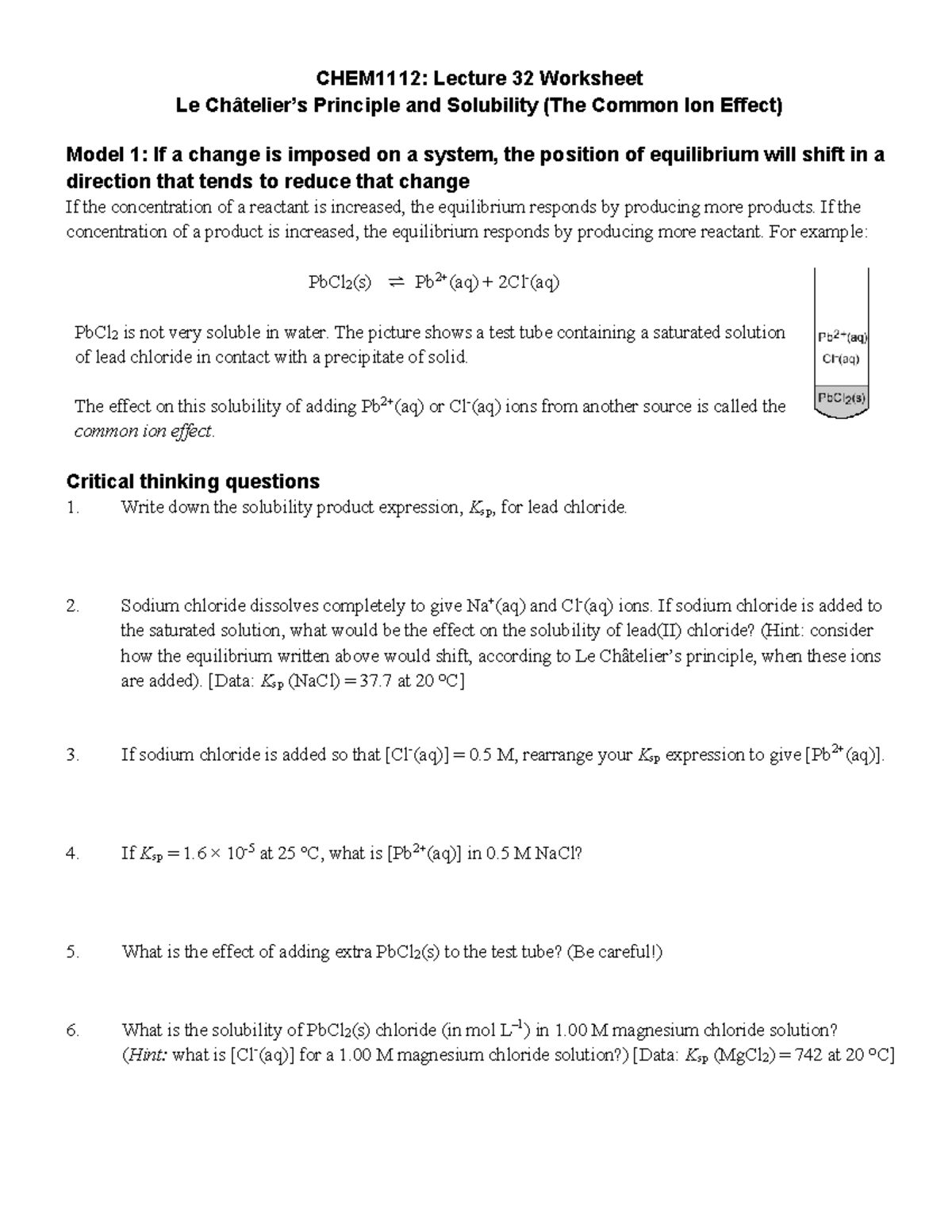 Worksheet 32 - CHEM1112: Lecture 32 Worksheet Le Châtelier’s Principle ...