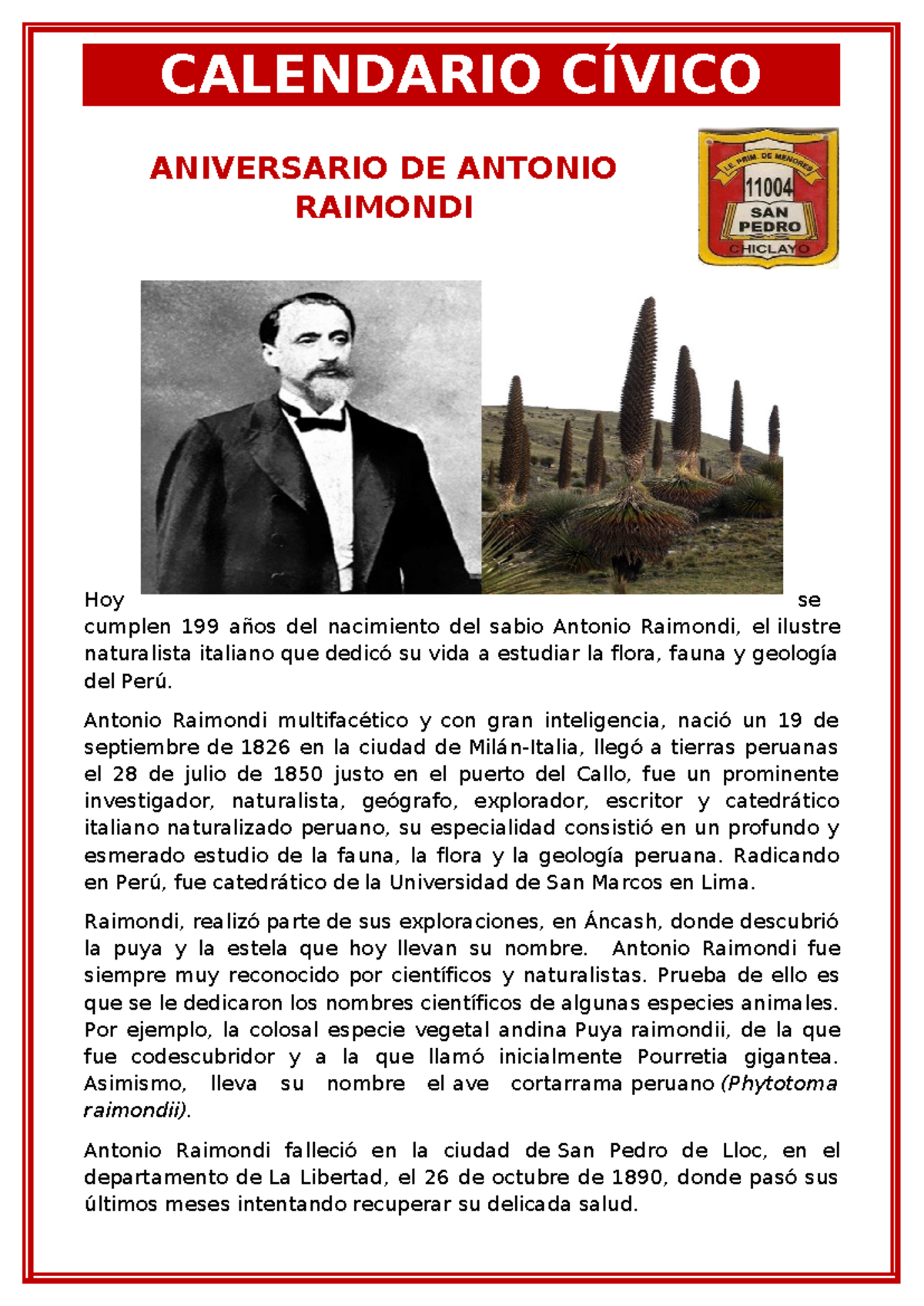 Aniversario Antonio Raimondi - CALENDARIO CÍVICO ANIVERSARIO DE ANTONIO RAIMONDI Hoy se cumplen ...