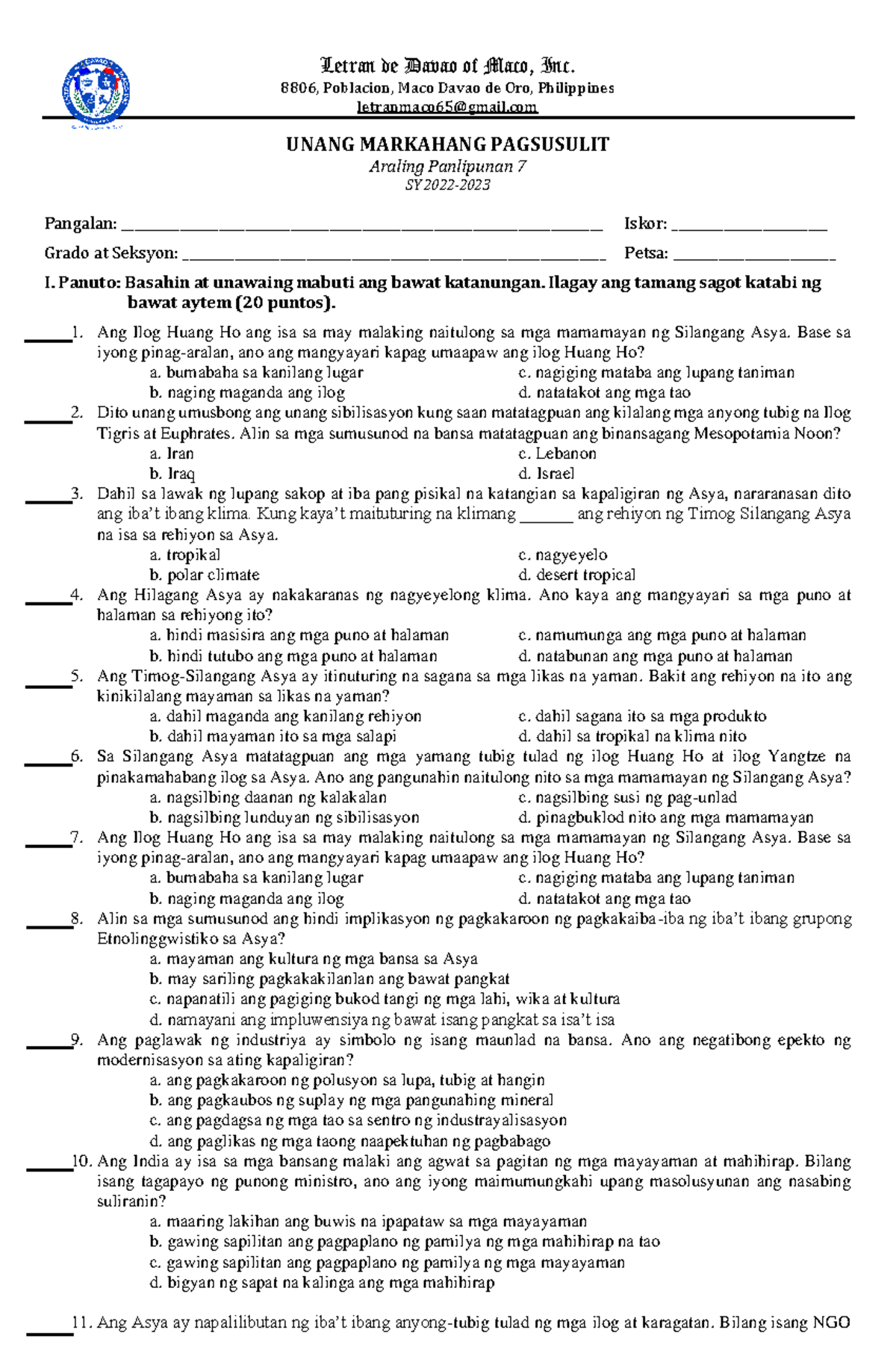 First Periodical Exam Ap-7 -2022-2023 Letran-pdf - Letran de Davao of ...