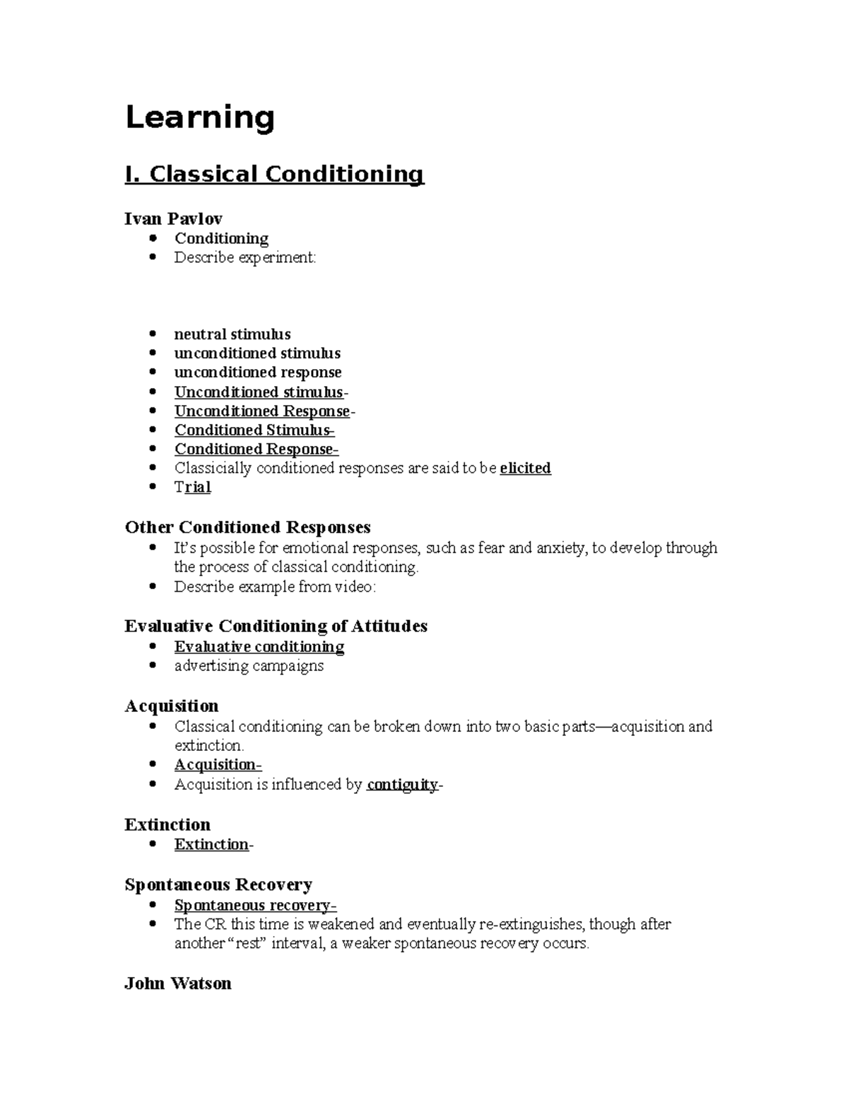 PSYC1101 Human Learning Notes - Learning I. Classical Conditioning Ivan ...