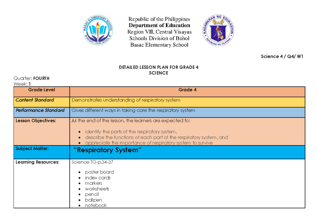 Science 4.Lesson Plan - Science 4 / Q 4 / W DETAILED LESSON PLAN FOR GRADE 4 SCIENCE Quarter ...