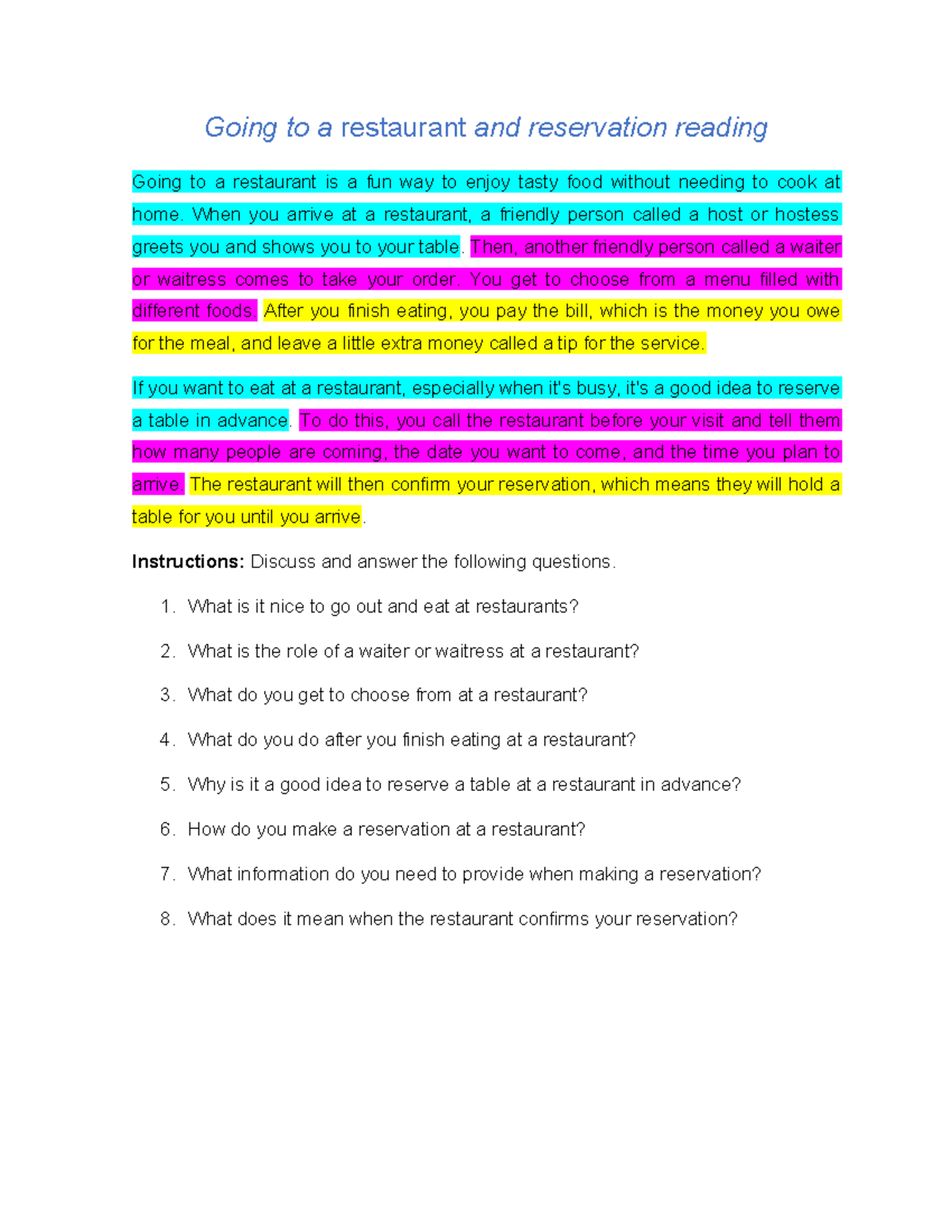 Going to a restaurant and reservation reading - When you arrive at a ...