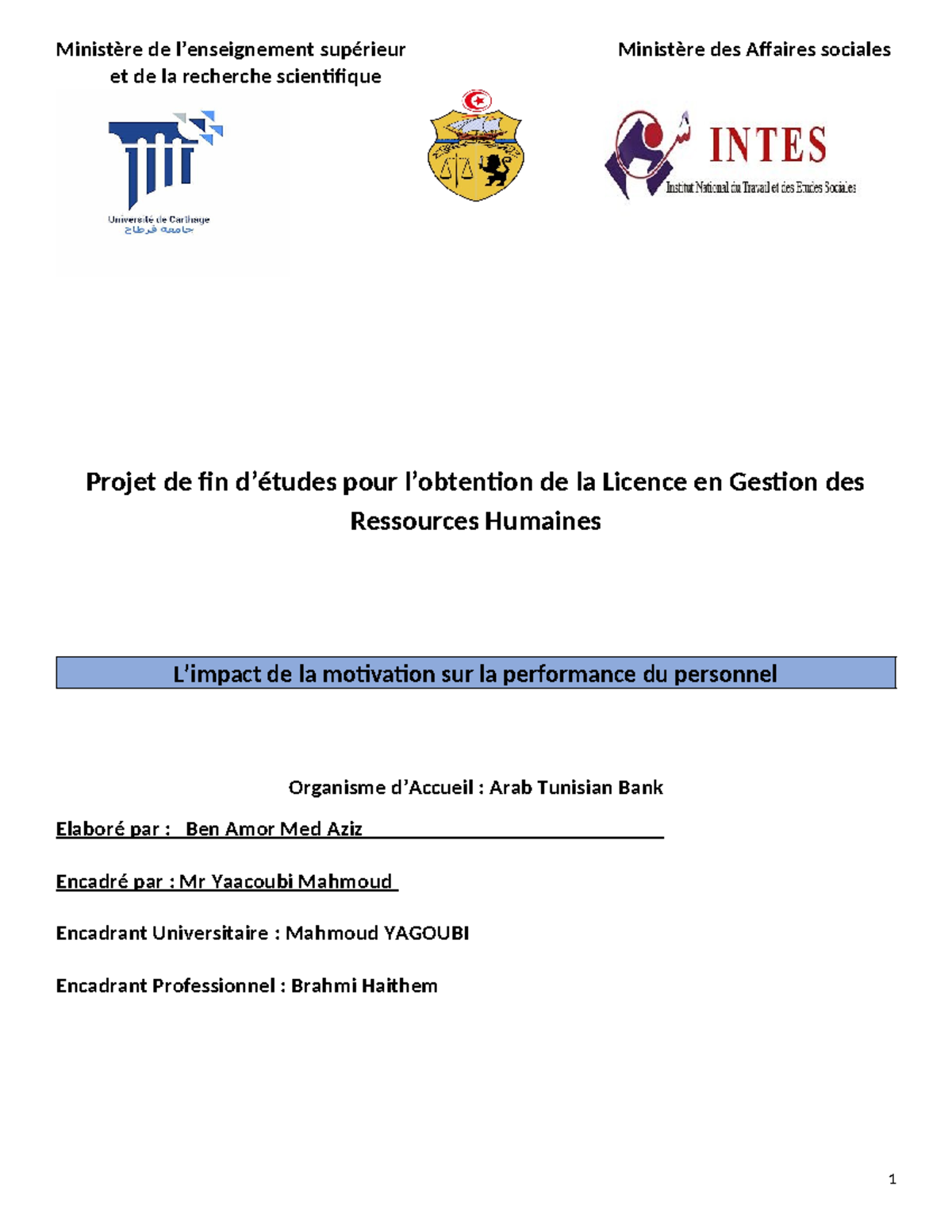 PAGE DE Garde - projet de fin d'etudes - Ministère de l’enseignement ...