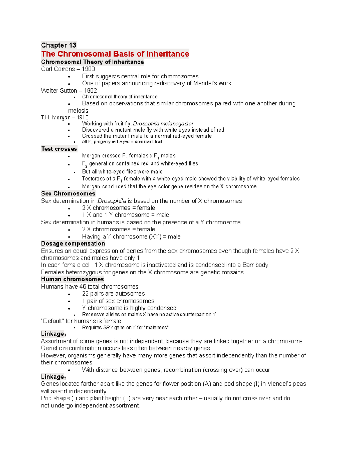 Chapter 13 - notes - Chapter 13 The Chromosomal Basis of Inheritance ...