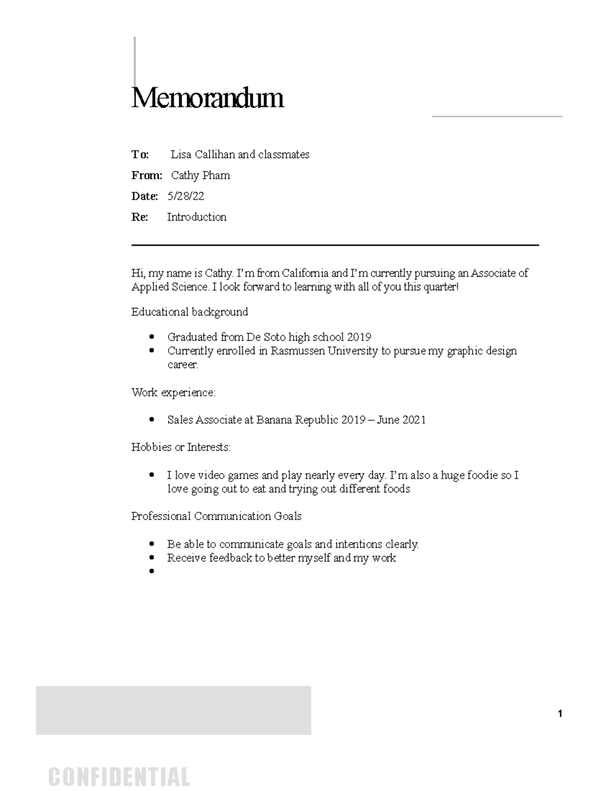 Cpham memorandum 081121 - Memorandum To: Lisa Callihan and classmates ...