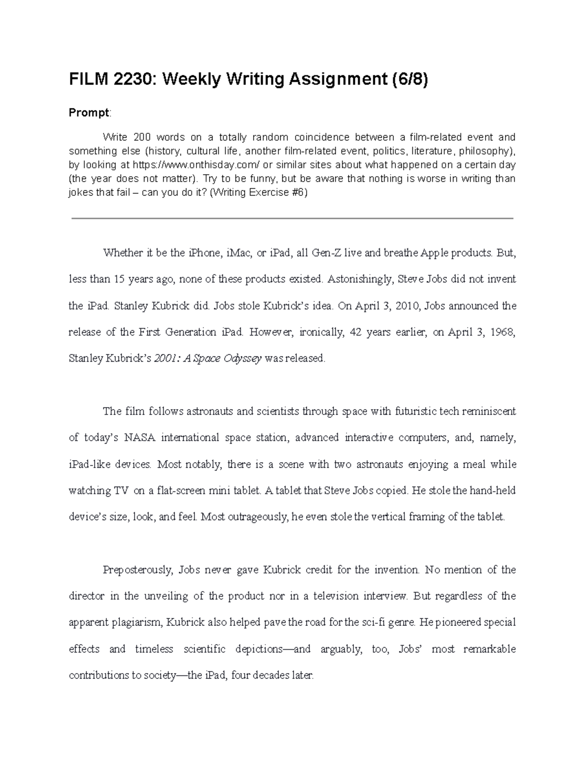 FILM 2230 Weekly Writing Assignment (6 8) - FILM 2230: Weekly Writing ...