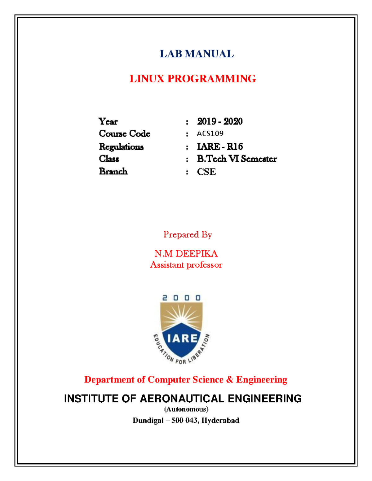 IARE LP Manual Model - LAB MANUAL LINUX PROGRAMMING Year Course Code ...