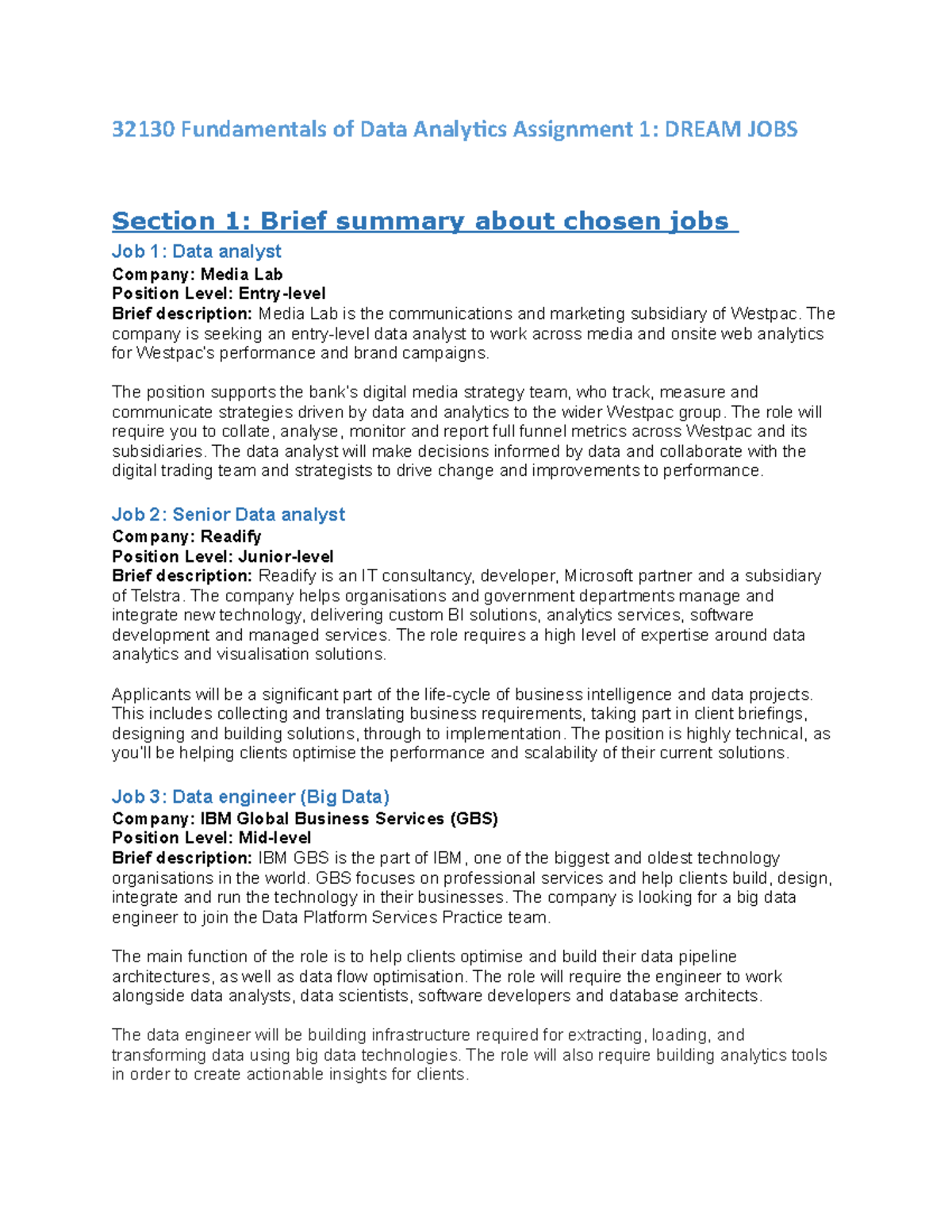 FDA assig 1 - 32130 Fundamentals of Data Analytics Assignment 1: DREAM JOBS Section 1: Brief ...