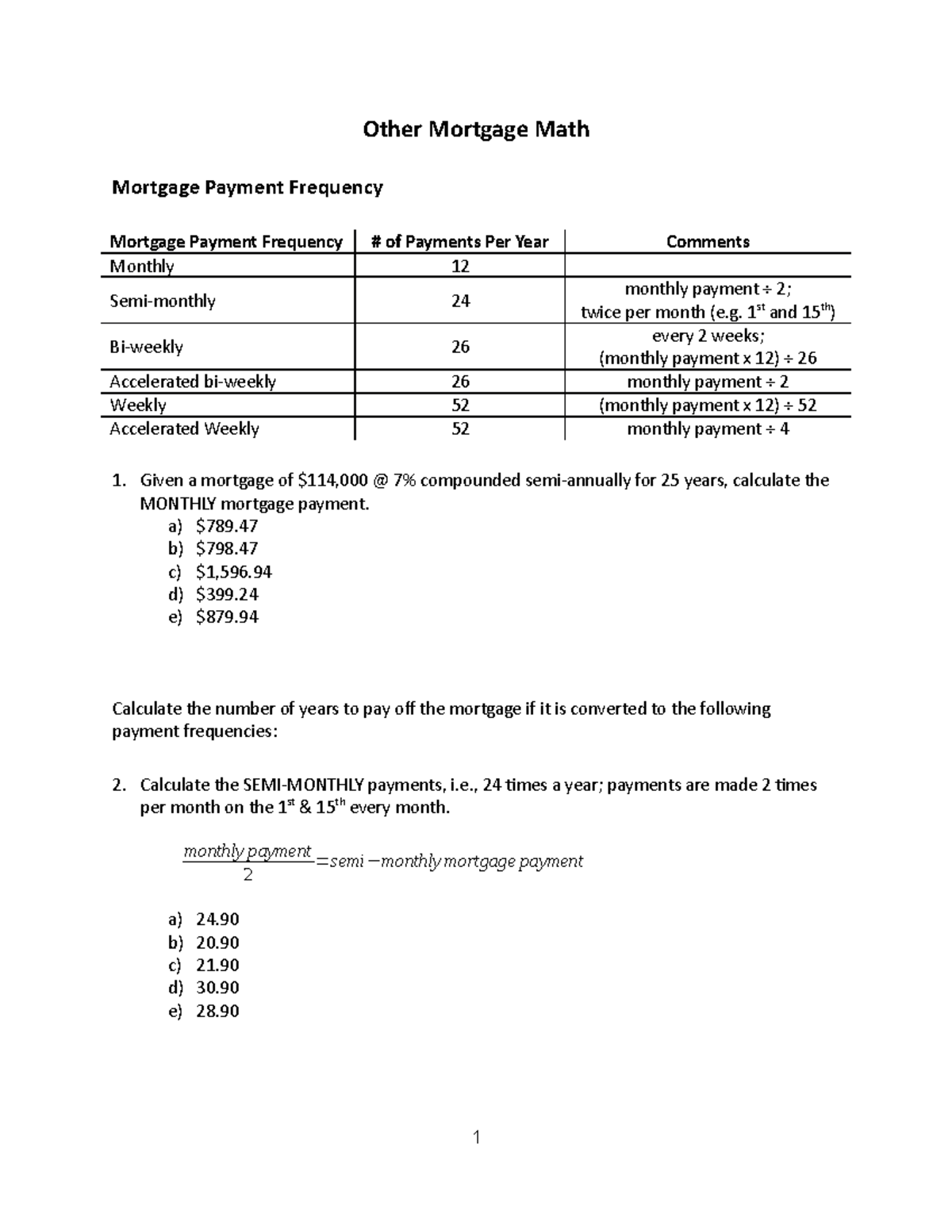 Other Mortgage Math Student-2 - Other Mortgage Math Mortgage Payment ...