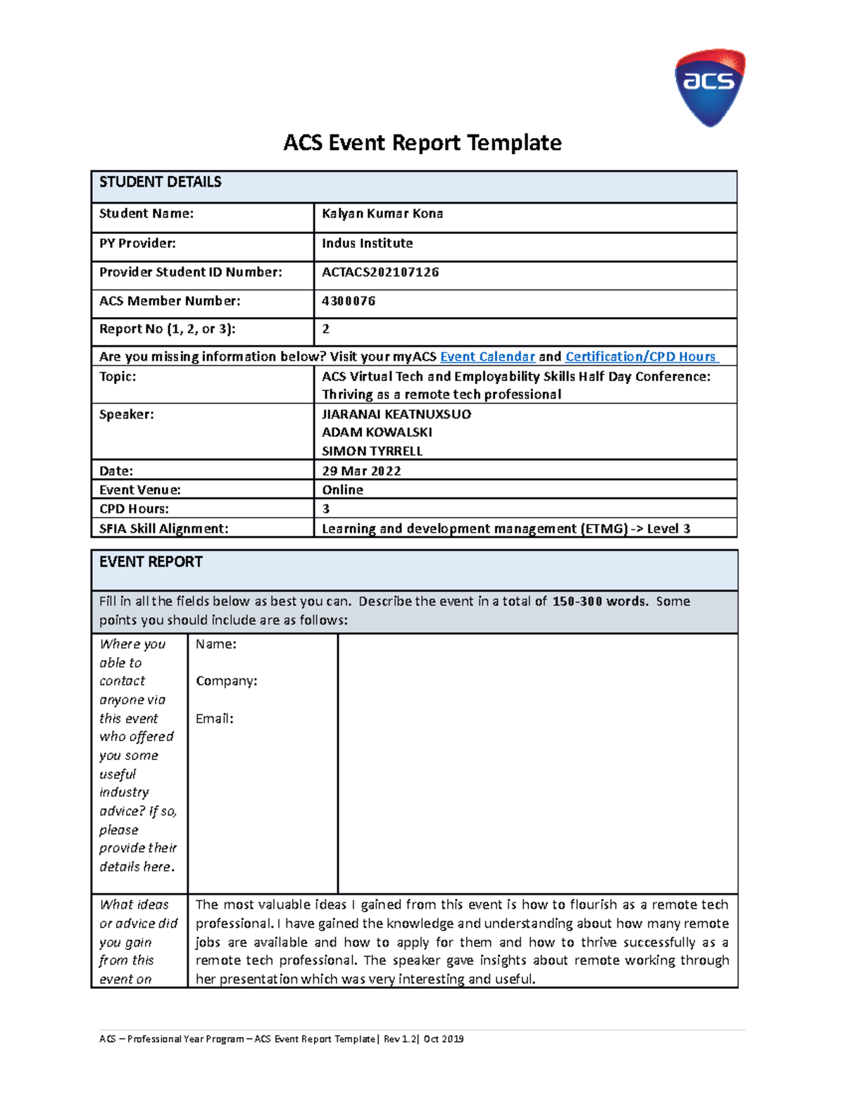 ACS Events Report 2 - ACS - ACS Event Report Template STUDENT DETAILS ...