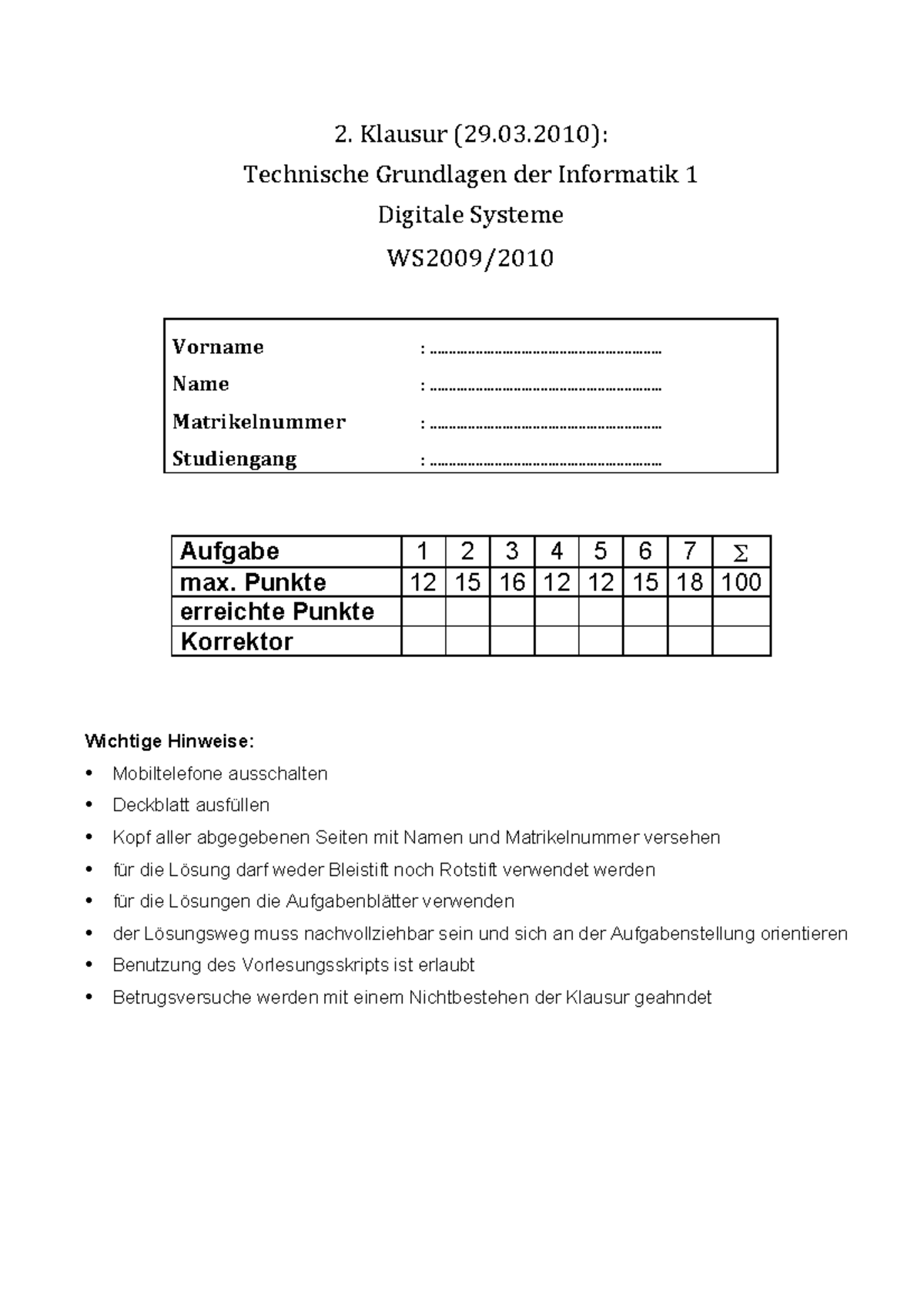Prüfung 29 März 2010, Fragen - 2. Klausur (29.03): Technische ...