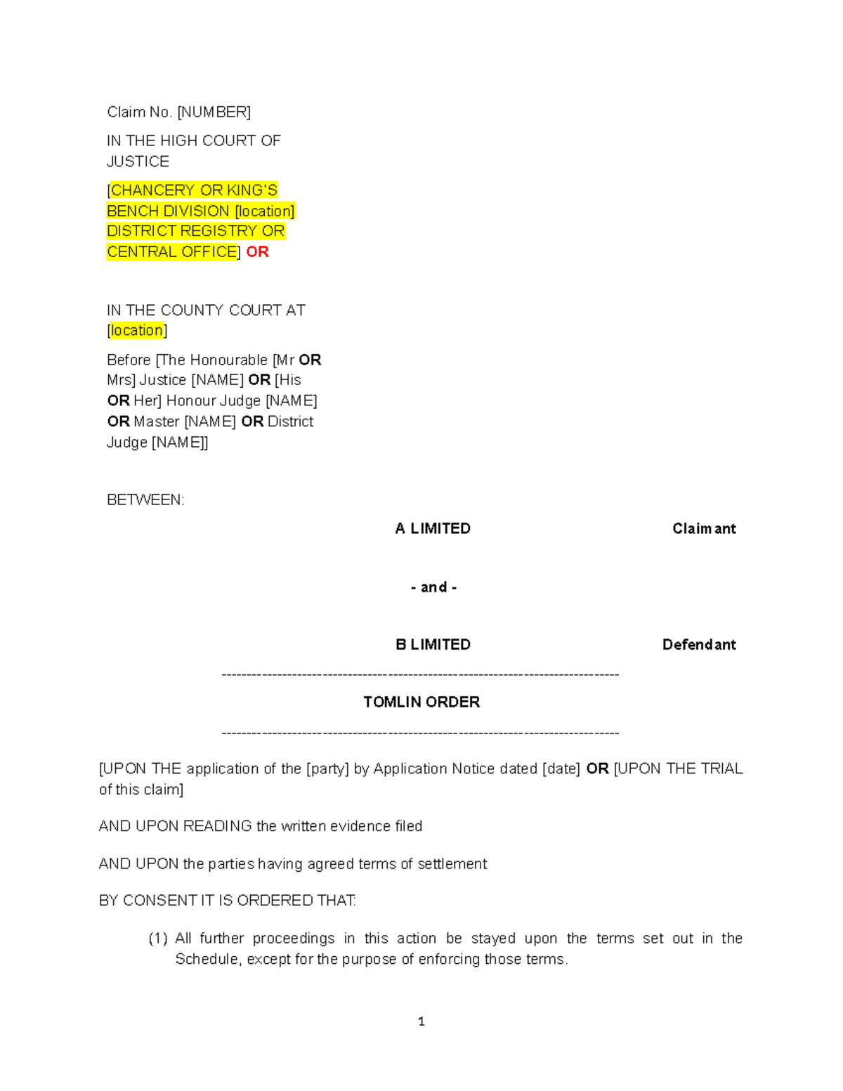 Tomlin Order - Claim No. [NUMBER] IN THE HIGH COURT OF JUSTICE ...