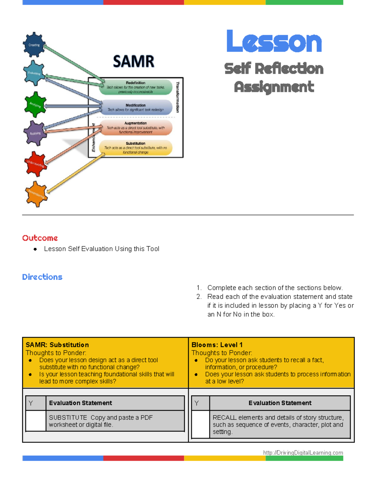 SAMR Blooms Lesson assessment - Lesson Self Reflection Assignment Outcome Lesson Self Evaluation ...