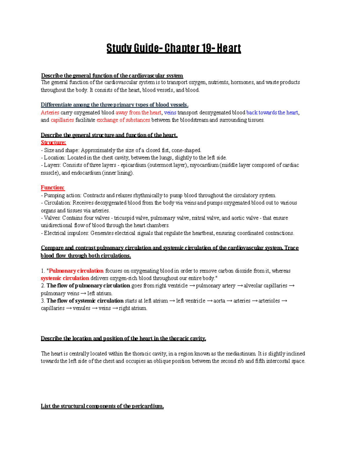 Study Guide- Chapter 19- Heart - Study Guide- Chapter 19- Heart Describe the general function of ...