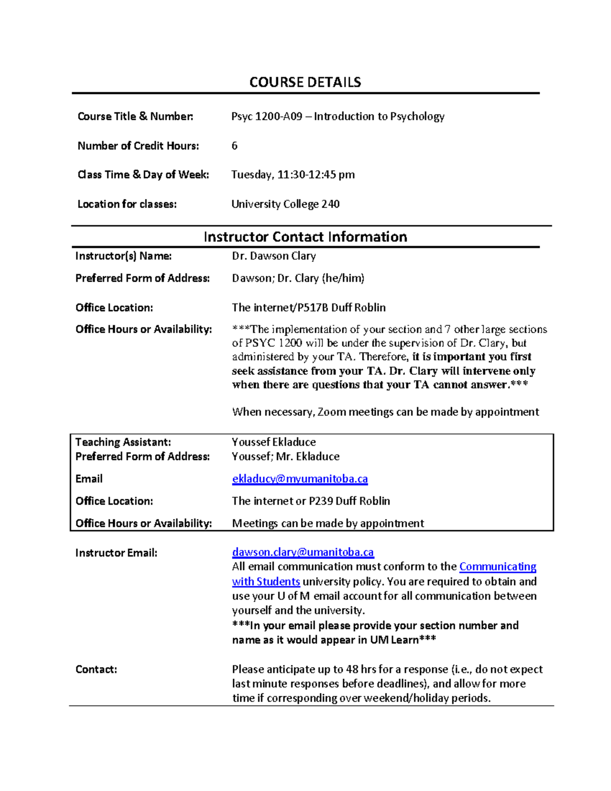 PSYC 1200 Syllabus 2023 - Introduction to Psychology - COURSE DETAILS ...