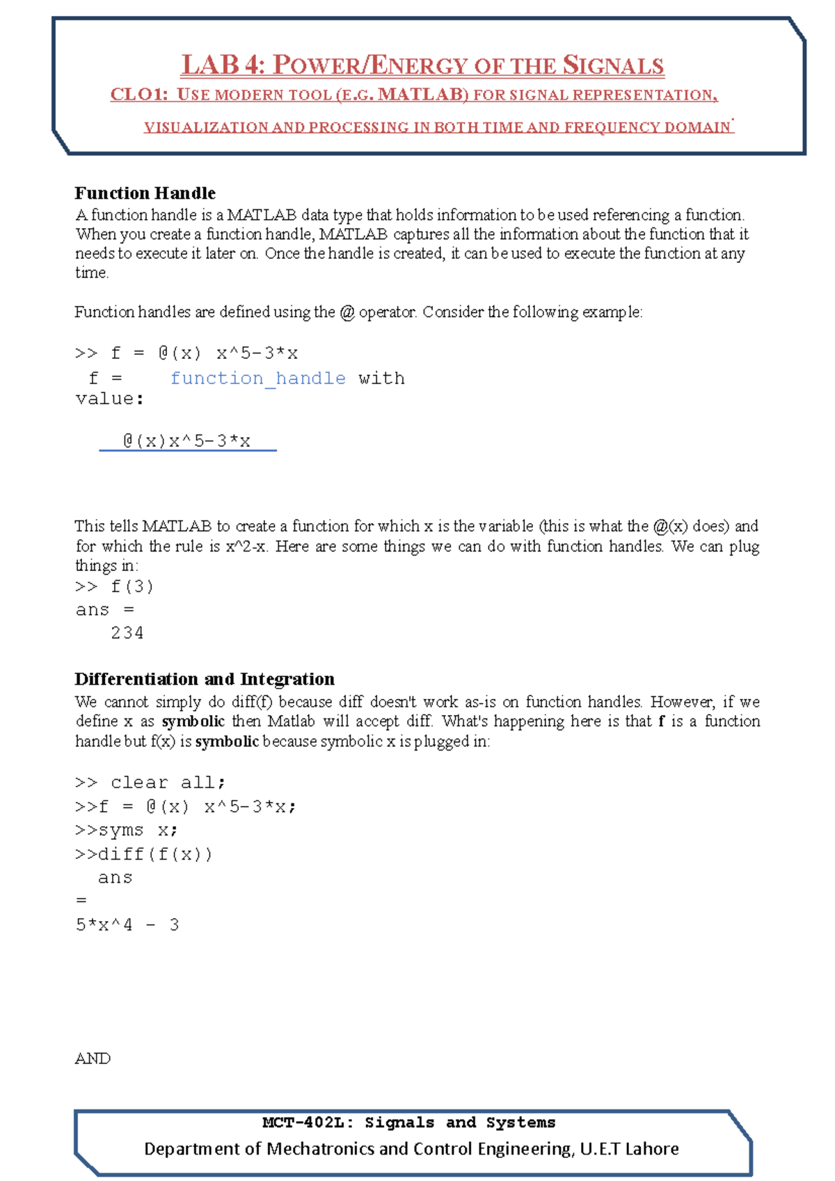 Lab 4_Signals and Systems - LAB 4: POWER/ENERGY OF THE SIGNALS CLO1: USE MODERN TOOL (E. MATLAB ...