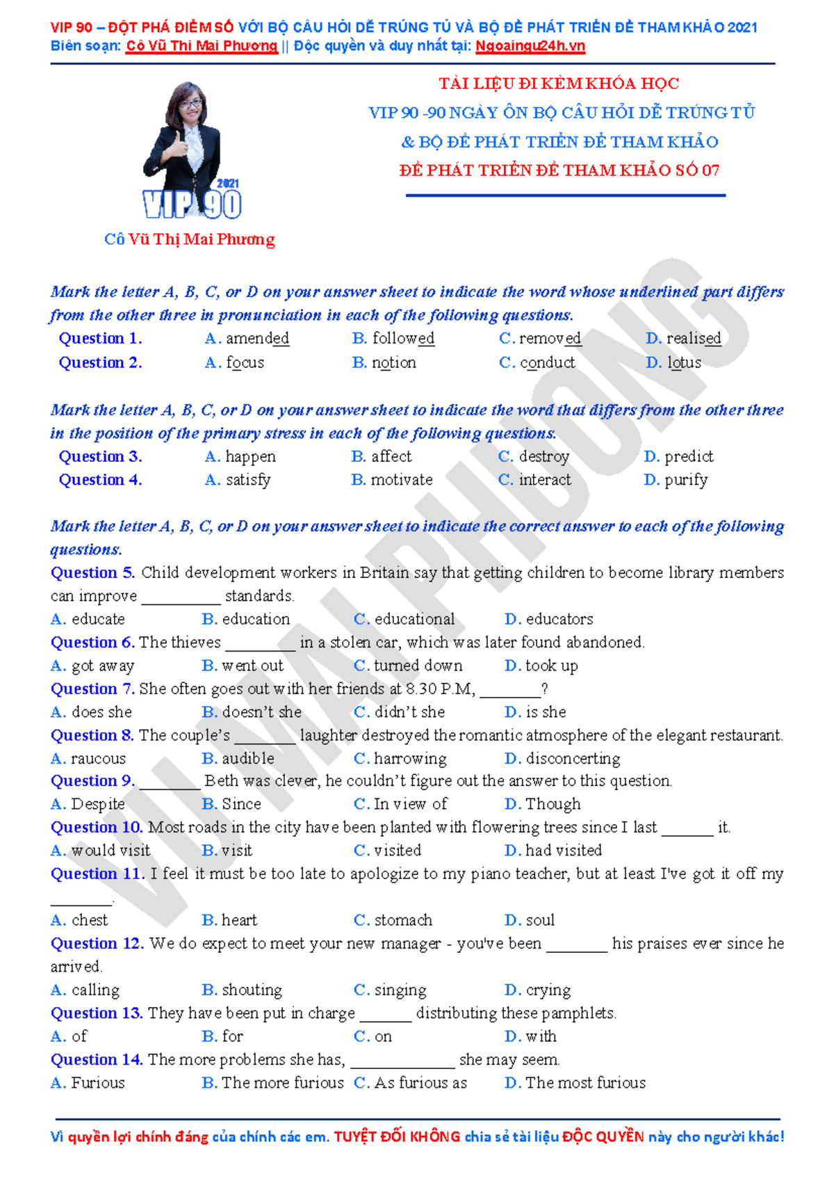 Đề 17 - English for TOEIC - BiÍn so¿n: Cô Vũ Thị Mai Phương || Đßc quyßn v‡ duy nhất t¿i: - Studocu