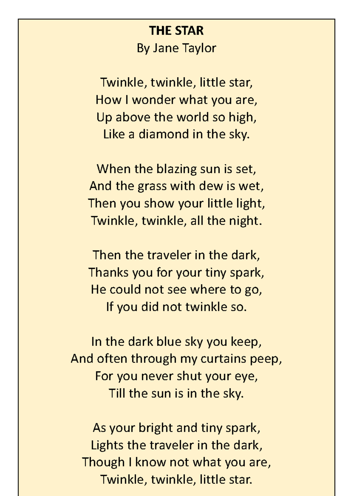 The star - The star by Jane - THE STAR By Jane Taylor Twinkle, twinkle ...