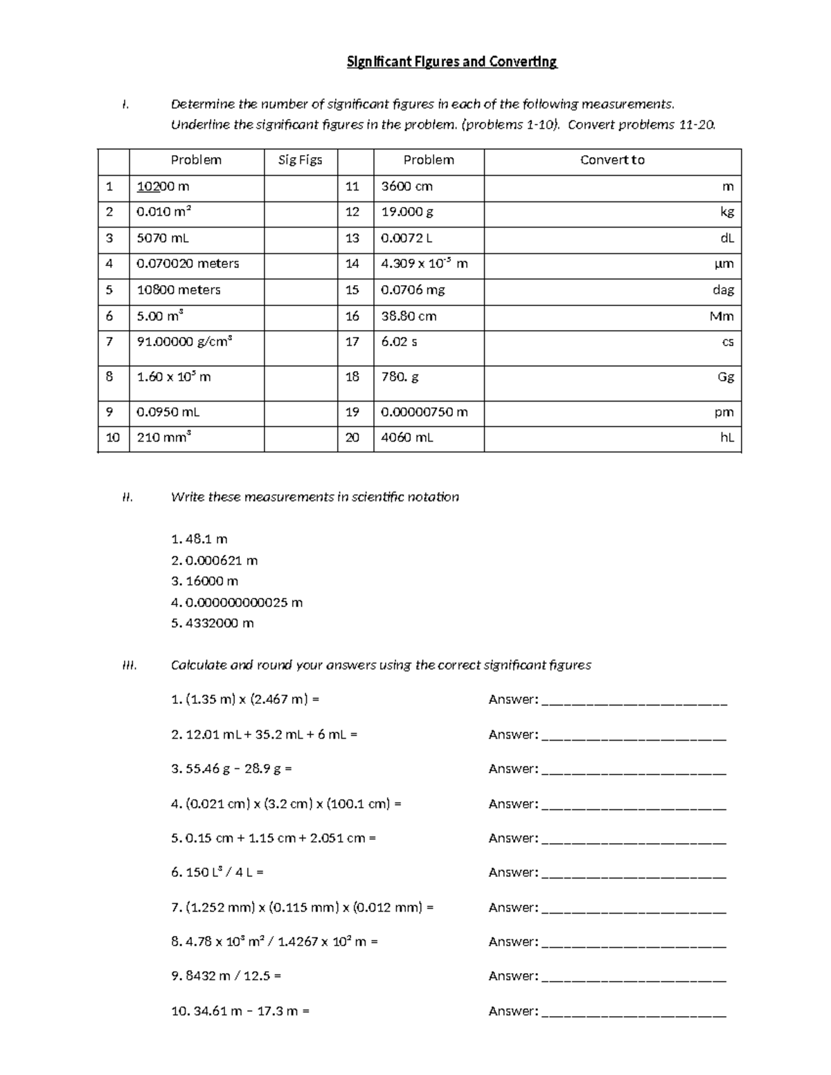 Sig. Fig. Worksheet - Significant Figures - Significant Figures and ...