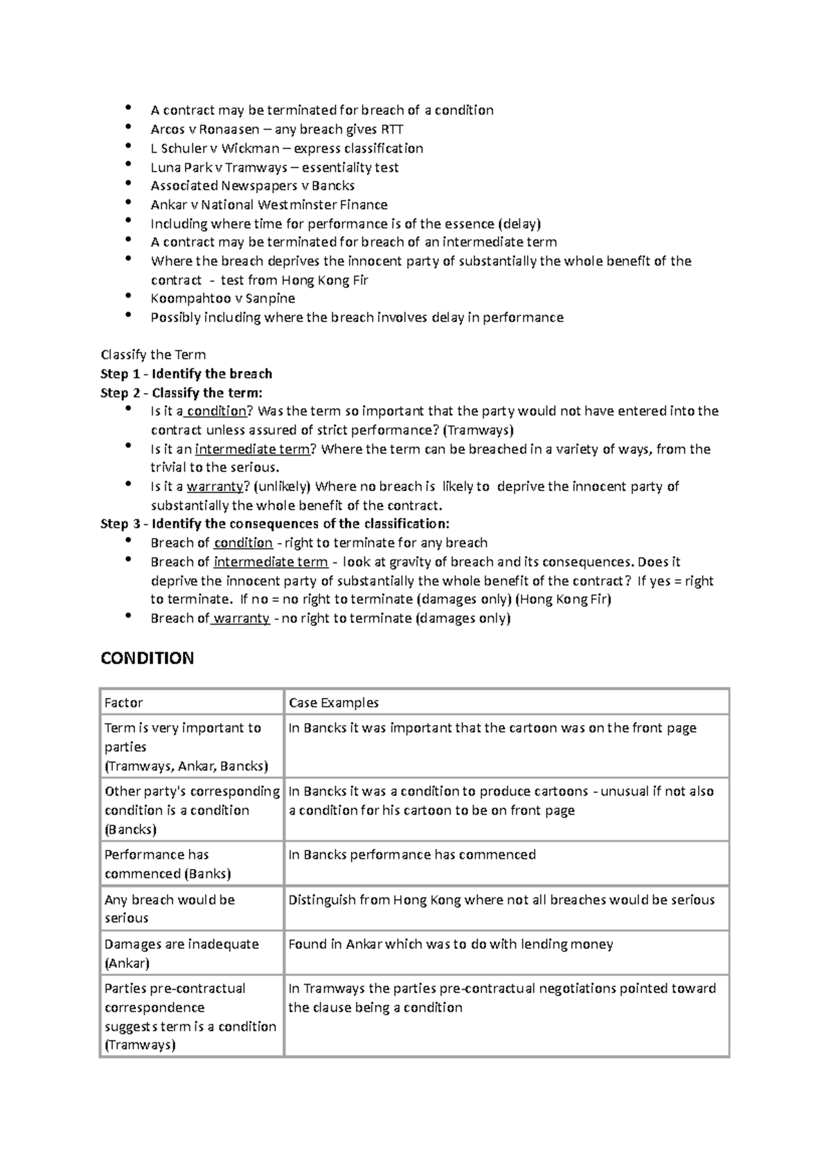 Contract B Termination for Breach - A contract may be terminated for breach of a condition Arcos ...