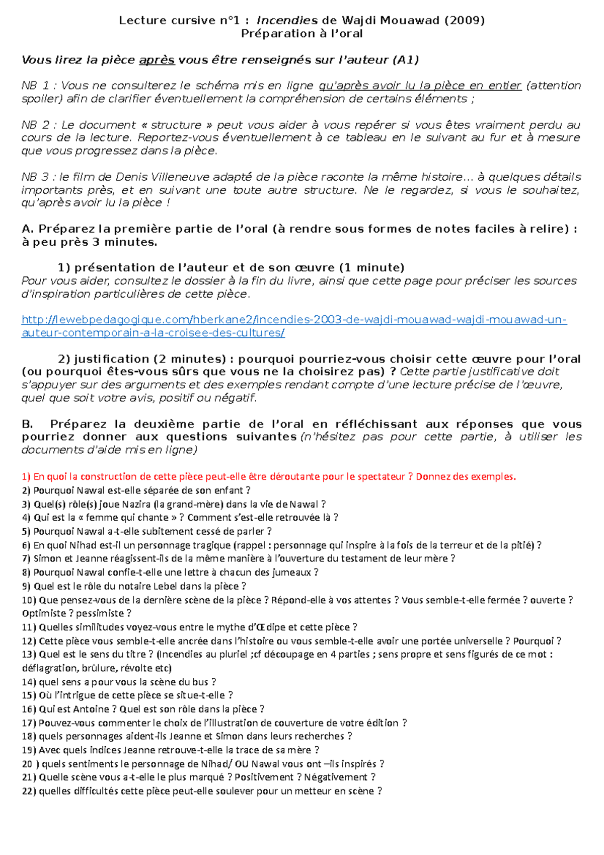 Lecture cursive n°1 Incendies - Lecture cursive n°1 : Incendies de Wajdi Mouawad (2009 ...