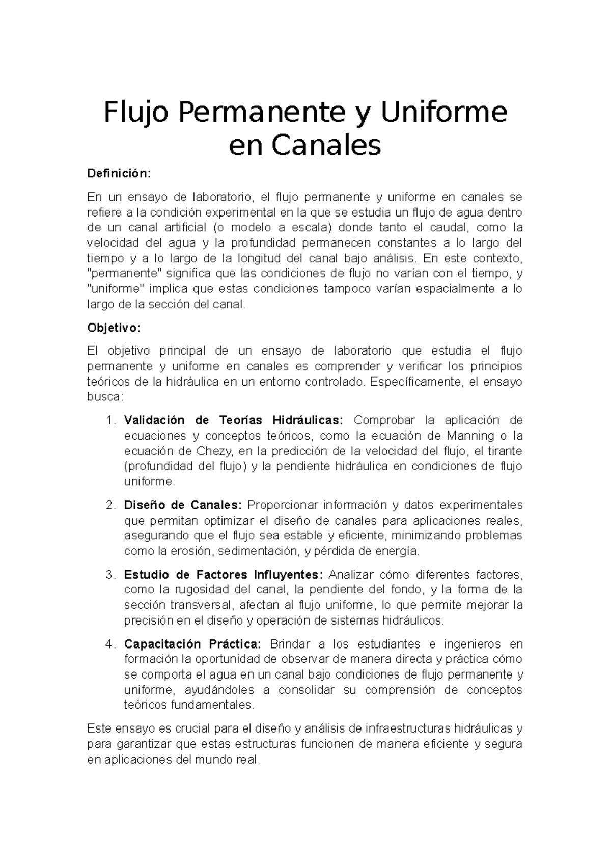 Flujo Permanente y Uniforme en Canales - Flujo Permanente y Uniforme en Canales Definición: En ...