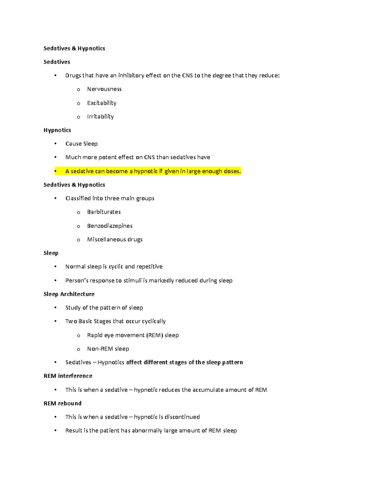 Sedatives - lecture notes - Sedatives & Hypnotics Sedatives - Drugs ...