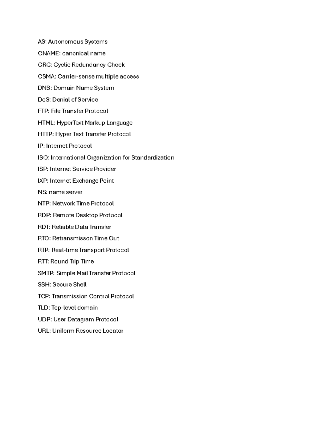 CS2105 Acronyms - AS: Autonomous Systems CNAME: canonical name CRC ...