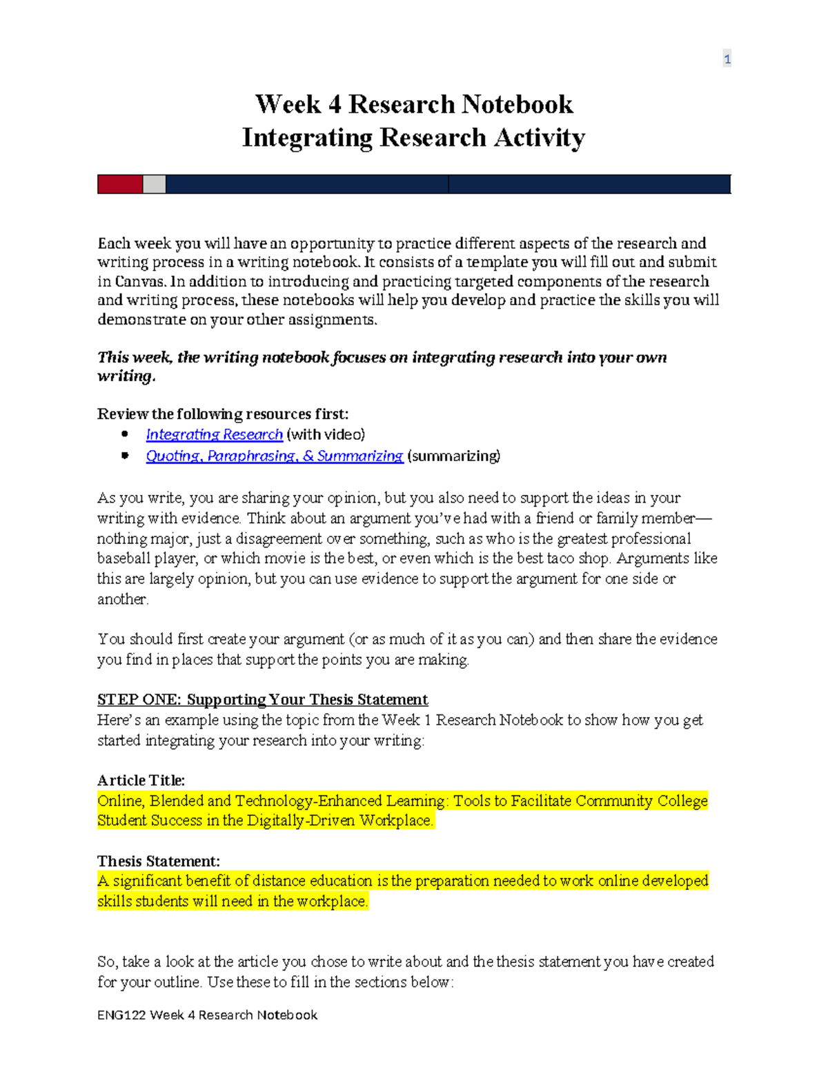 Week 4 research template - Week 4 Research Notebook Integrating ...