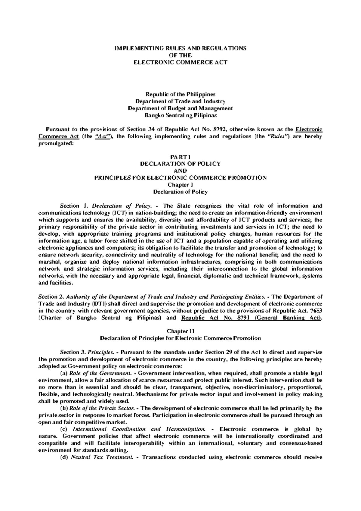 IRR of RA 8792 E Commerce Act of 2000 - IMPLEMENTING RULES AND ...