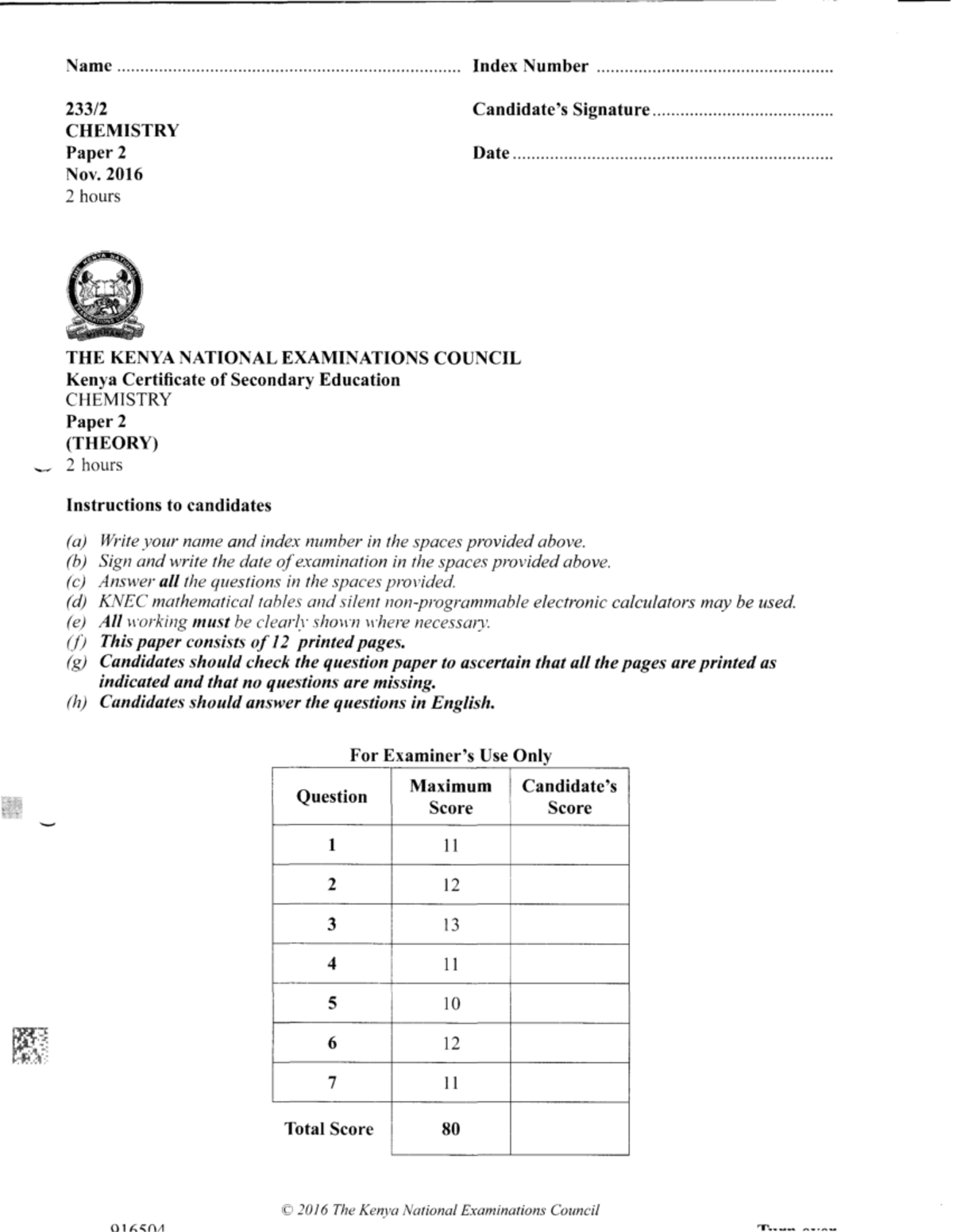 CHEM-P2-2016-KCSE - CHEM-P2-2016-KCSE - N am e In dex N um b er 233/2 Candidate’s Signature ...