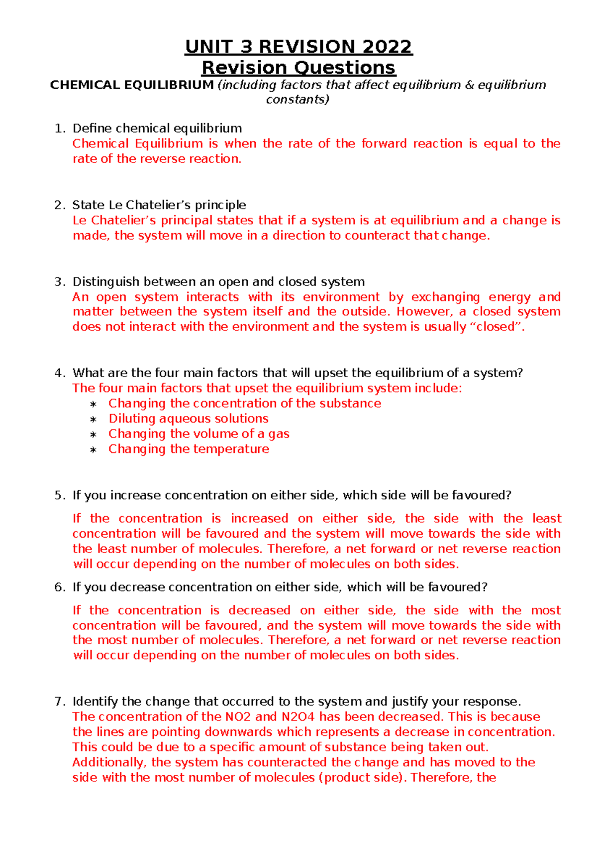 Chemical Equilibrium Revision Questions[ 6028] - UNIT 3 REVISION 2022 ...