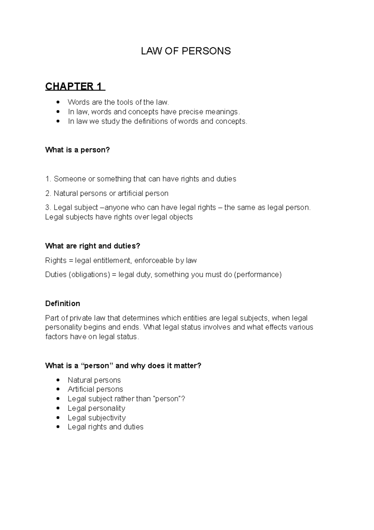 LAW OF Persons summaries - LAW OF PERSONS CHAPTER 1 Words are the tools ...