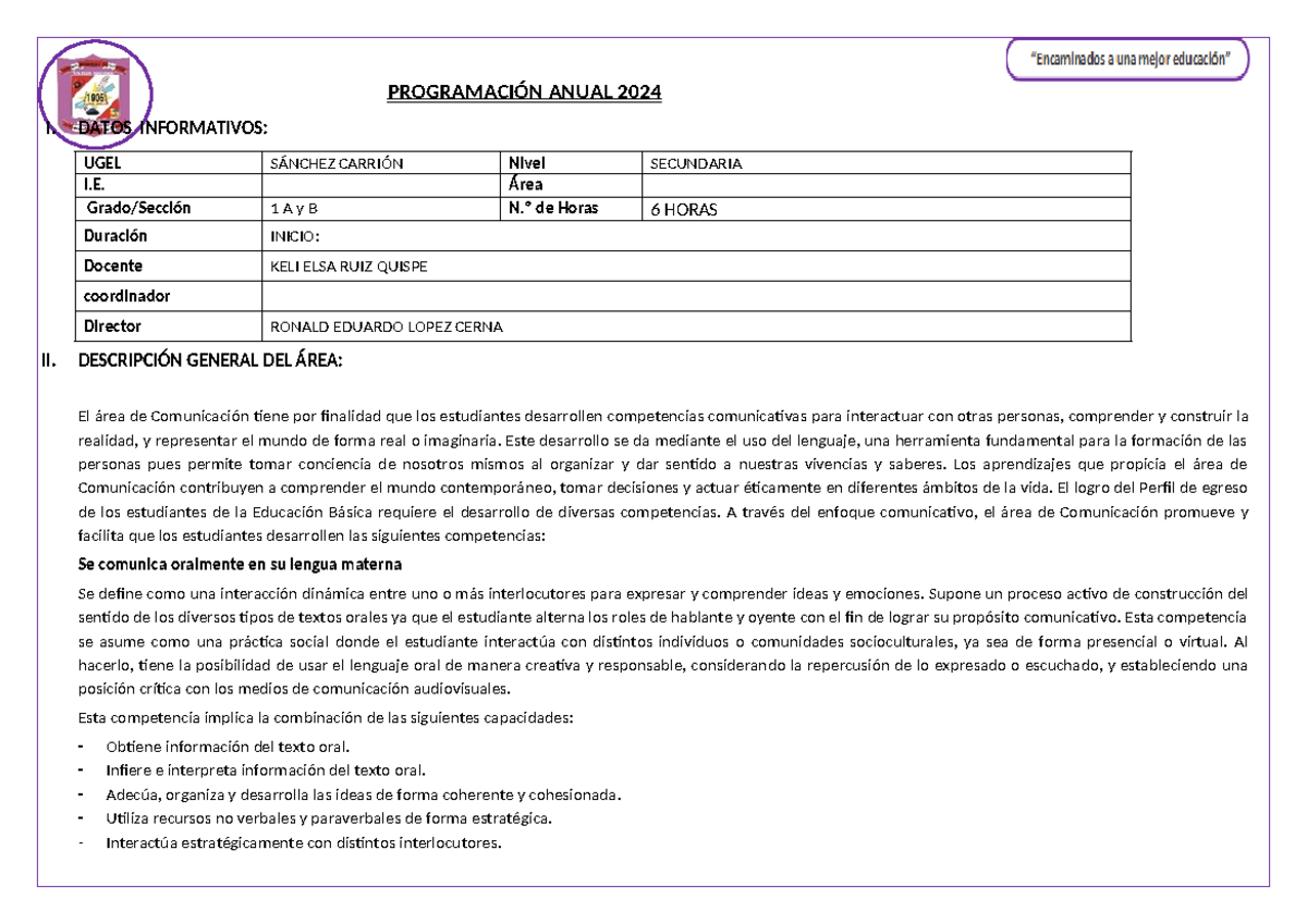 Esquema DE Programación Anual - PROGRAMACIÓN ANUAL 2024 I. DATOS INFORMATIVOS: II. DESCRIPCIÓN ...