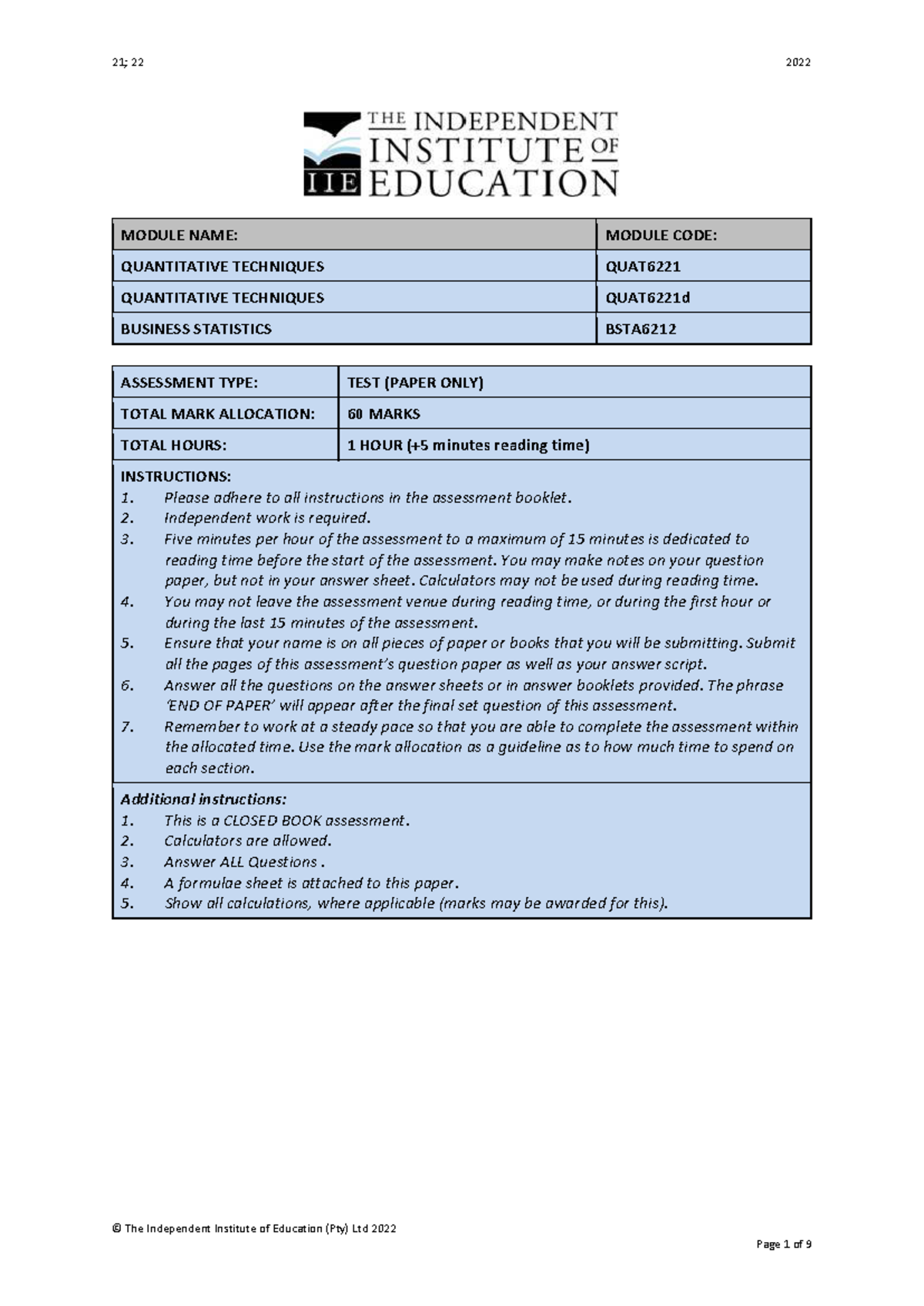 QUAT6221 T2a - MODULE NAME: MODULE CODE: QUANTITATIVE TECHNIQUES QUAT ...