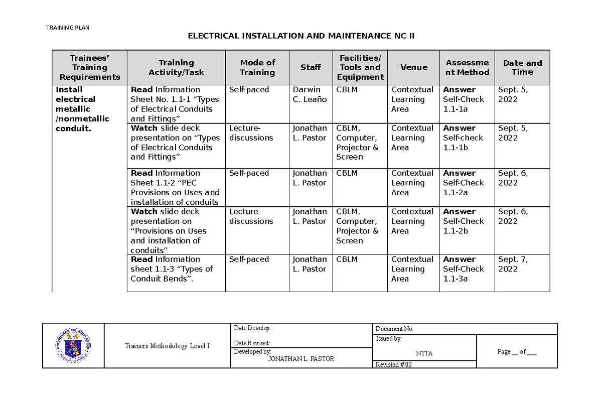 Jonathan-Pastor Training-Plan - TRAINING PLAN ELECTRICAL INSTALLATION ...