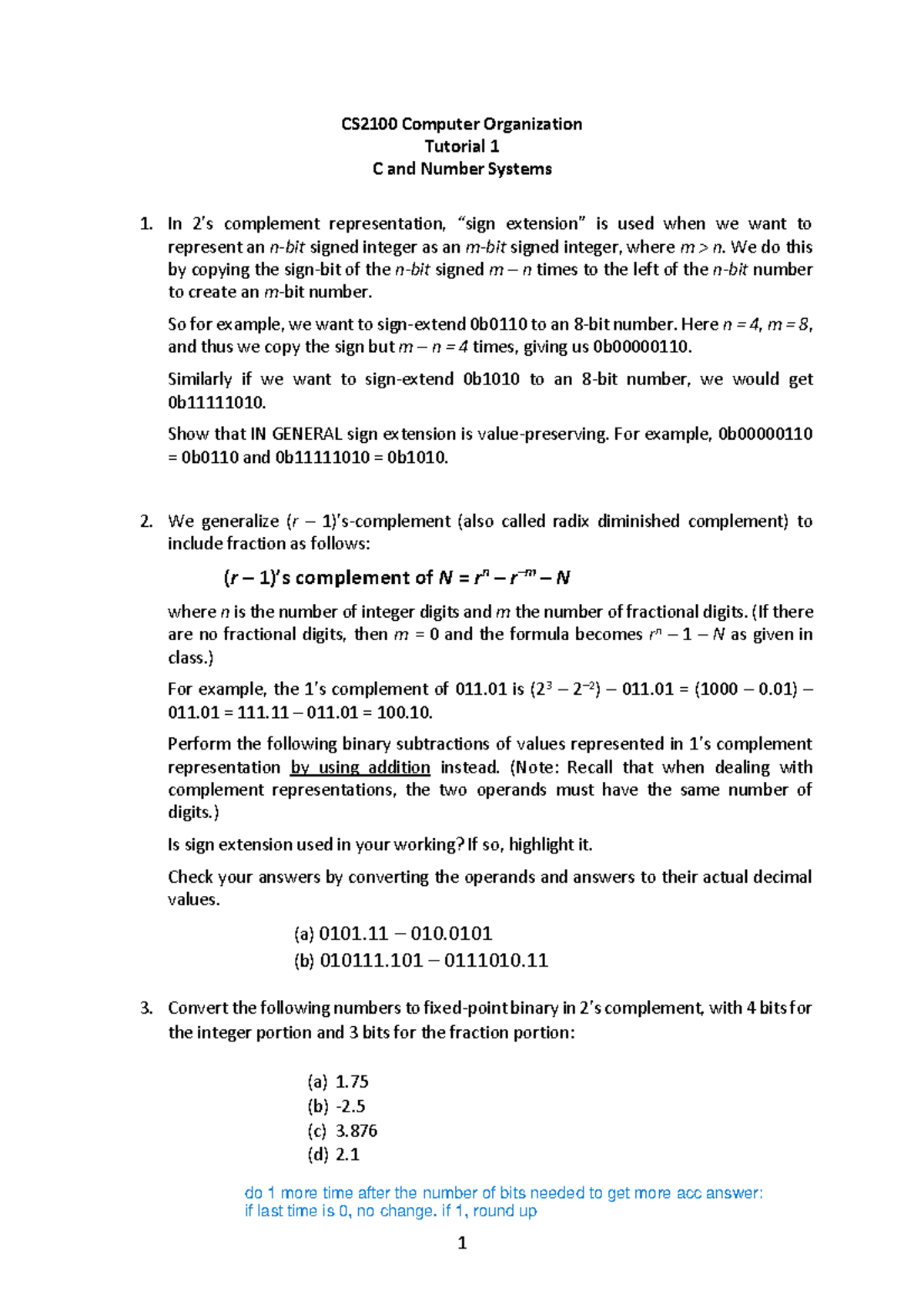 Cs2100tut1 - Tutorial 1 for CS2100 - 1 CS2100 Computer Organization Tutorial 1 C and Number ...