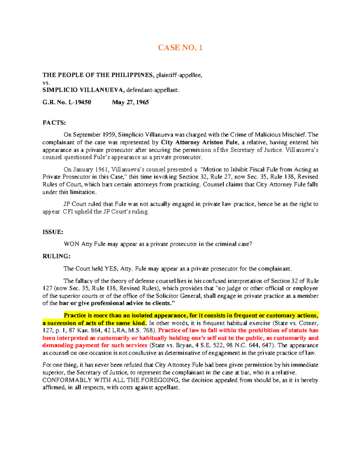 Module 1 (CASE Digest) - CASE NO. 1 THE PEOPLE OF THE PHILIPPINES, plaintiff-appellee, vs ...