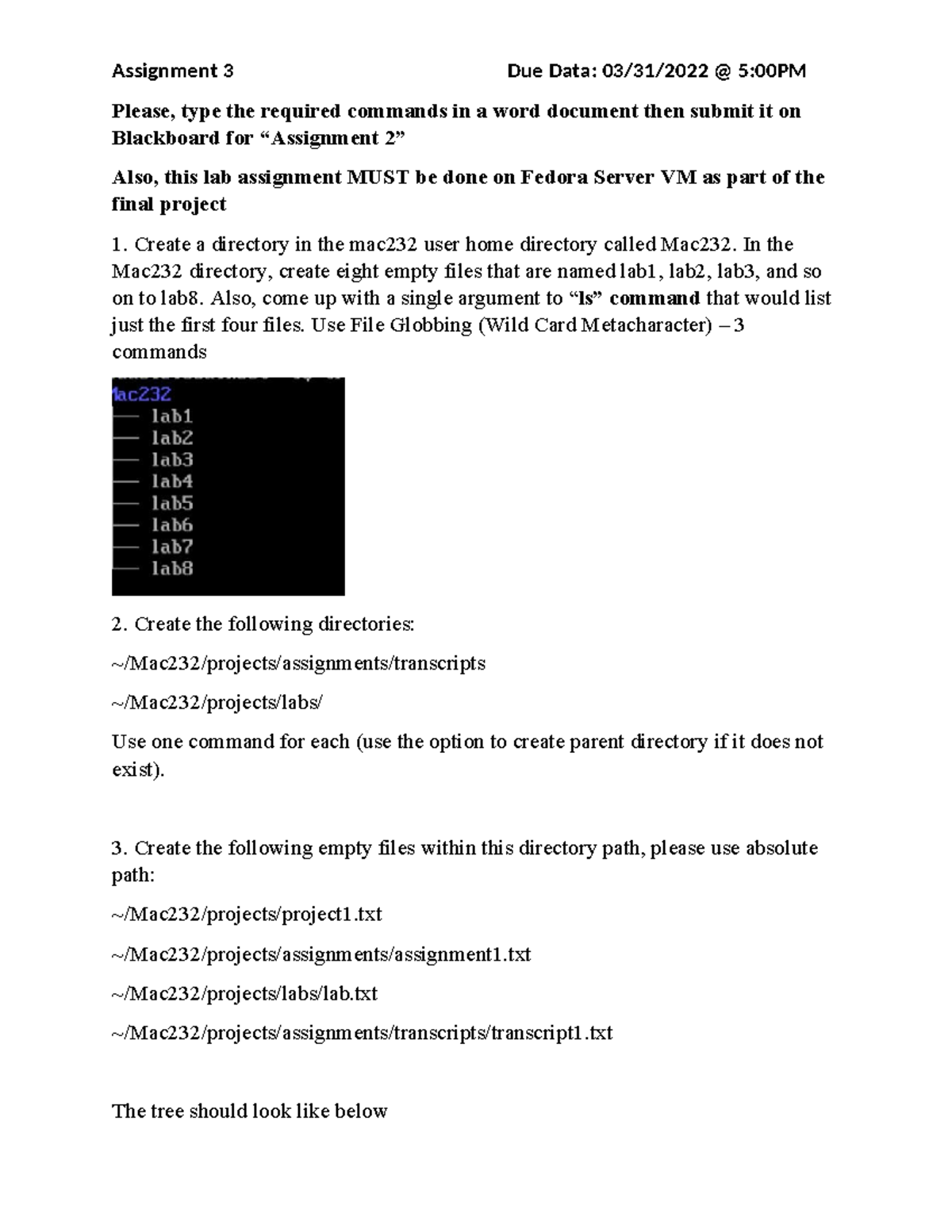 Assignment 3 In The Mac232 Directory Create Eight Empty Files That Are Named Lab1 Lab2 Lab3 