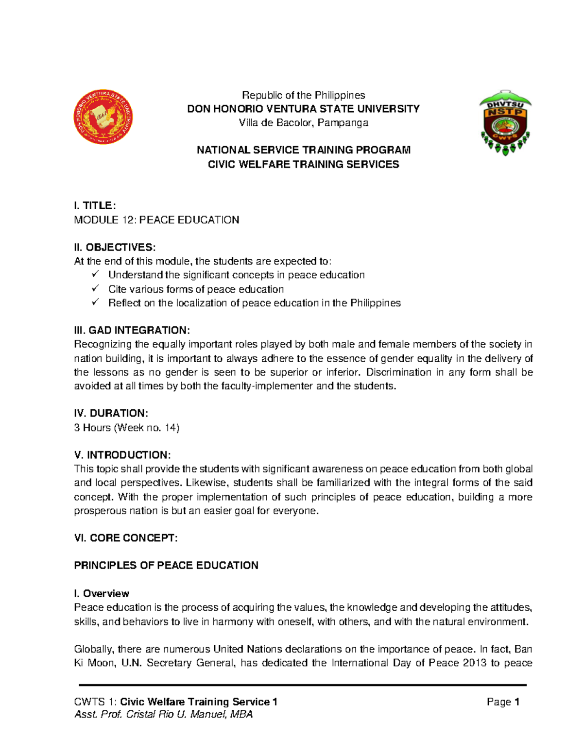 Peace Education - Lecture notes 12 - Civic Welfare Training Service ...