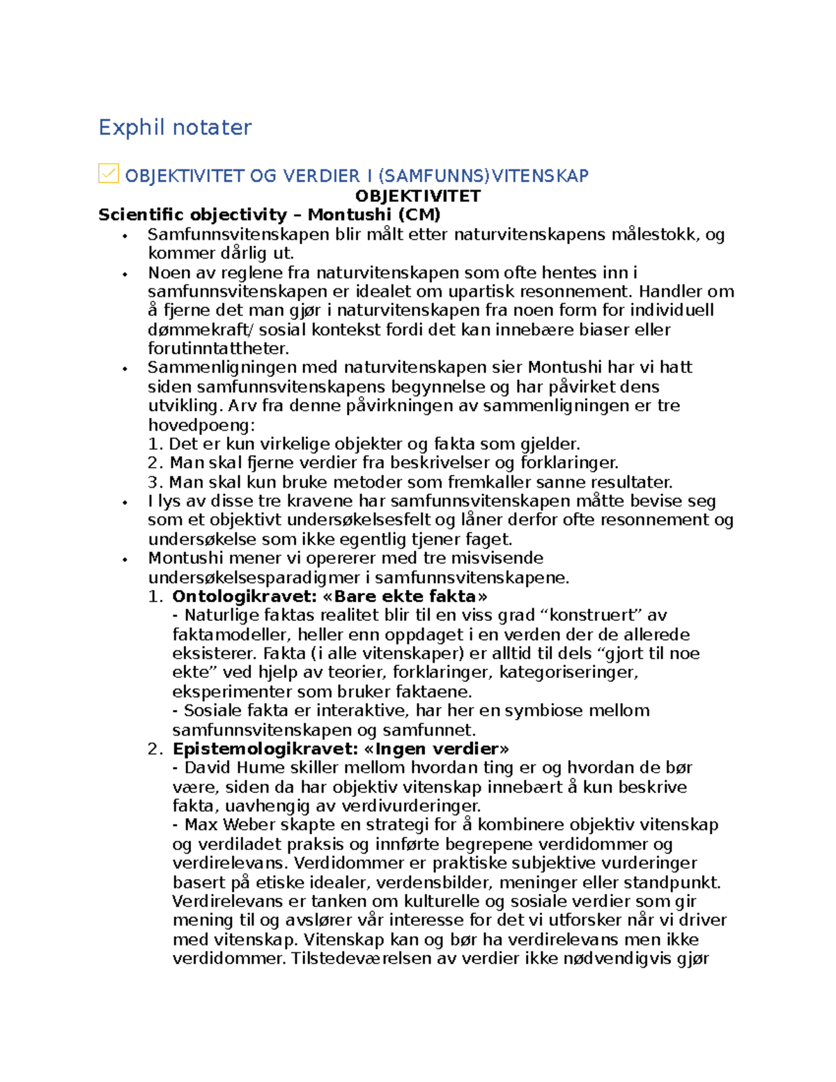 Exphil notater tema objektivitet - Exphil notater OBJEKTIVITET OG VERDIER I (SAMFUNNS)VITENSKAP ...