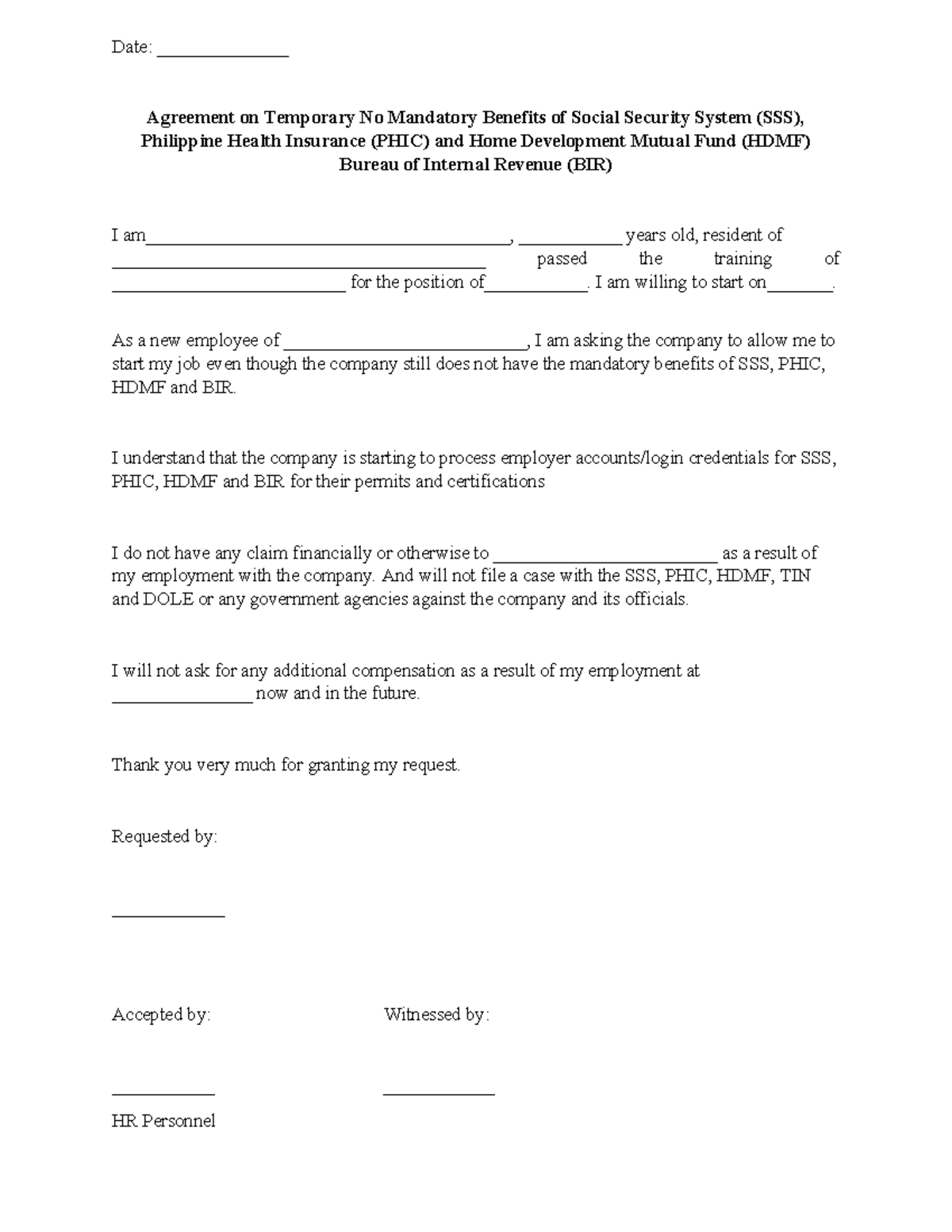 Agreement On Temporary No Mandatory Benefits - Date ...