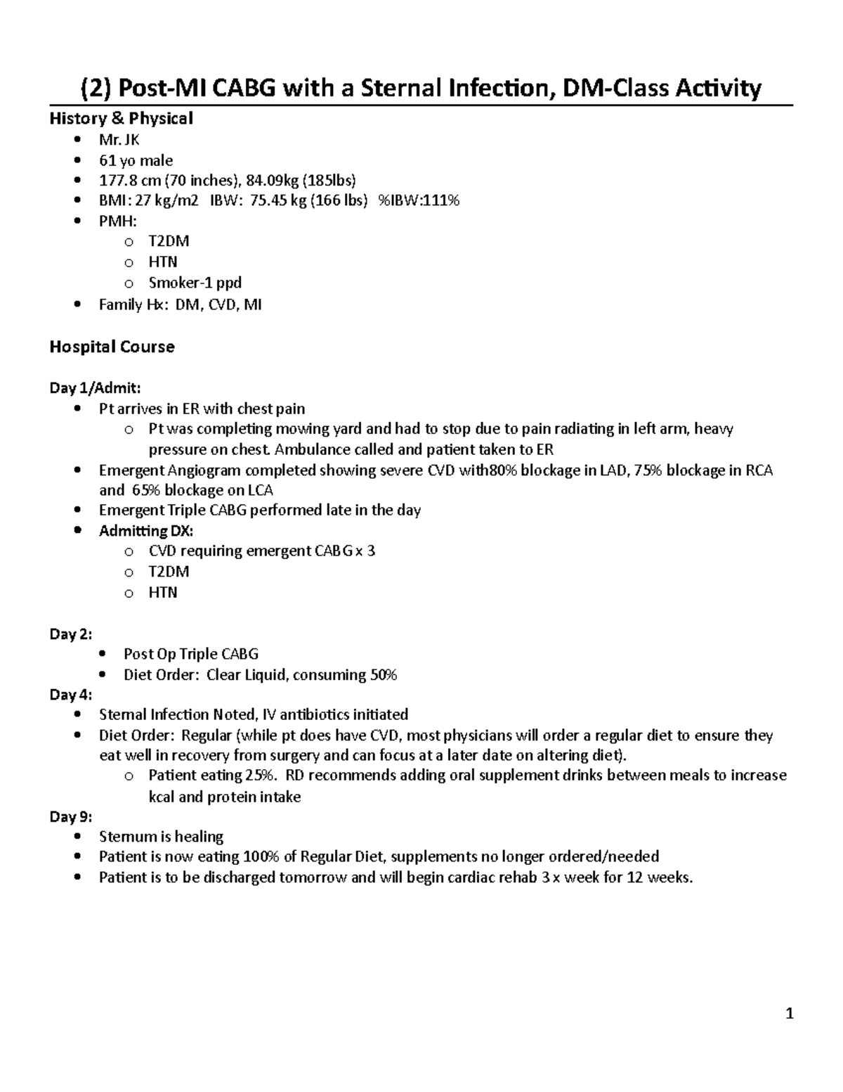 (2) Post-MI CABG with a sternal infection Case Study-new, 7-2020 - (2 ...