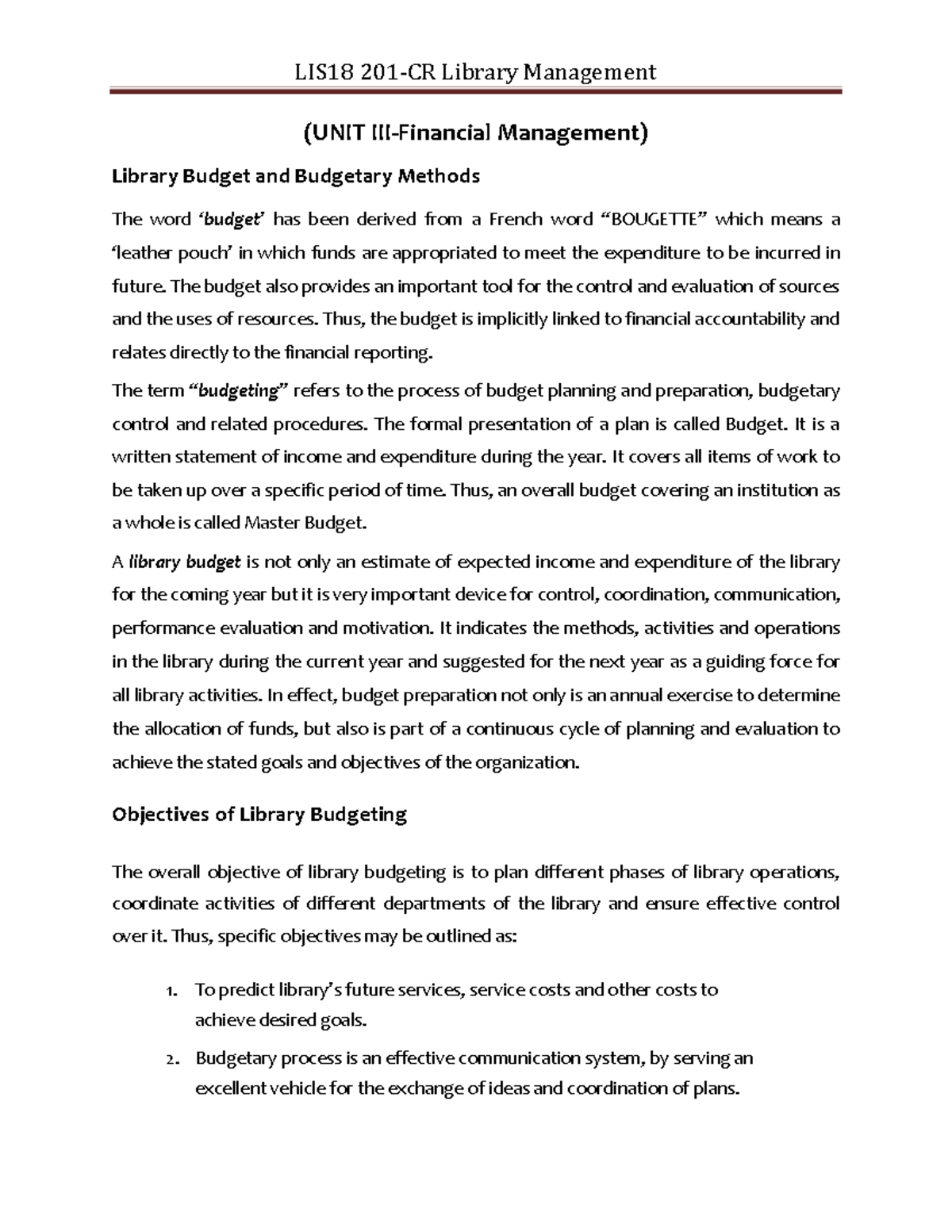 Library Budget and Budgetary Methods unit 3 - LIS18 201-CR Library ...