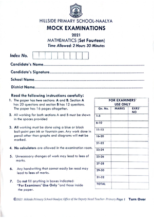 P6 Science EXAM Marking Guide - SECTION A Give the main use of feelers ...